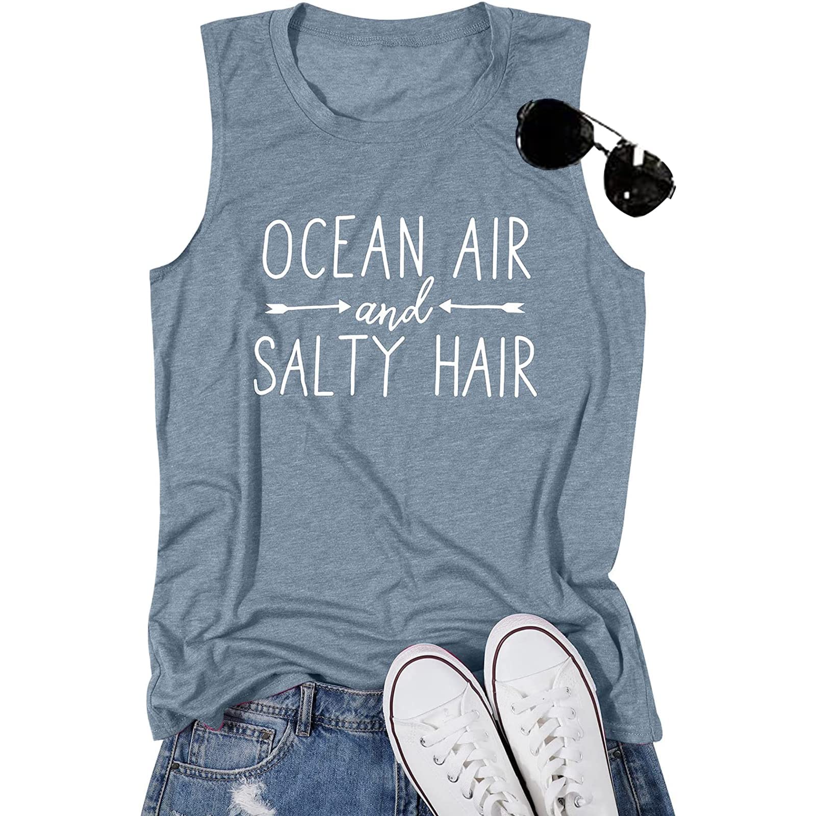 Beach Tanks for Women Ocean Air and Salty Hair Tank Top Funny Cruise Summer Sleeveless Family Vacation Vest Shirts