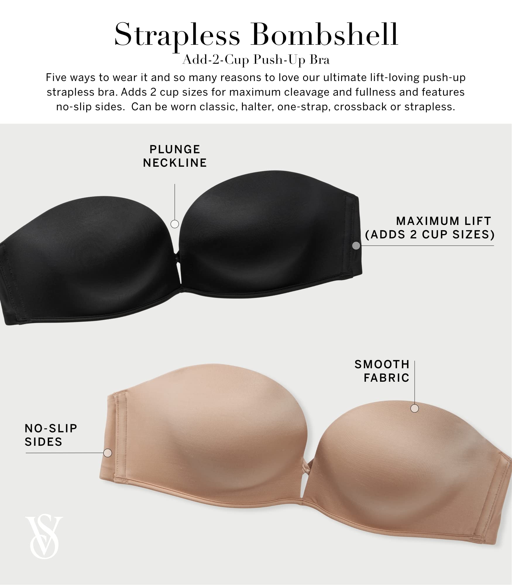 Victoria's Secret Very Sexy Bombshell Strapless Push Up Bra, Adds 2 Cups, Bras for Women, Black, 34B