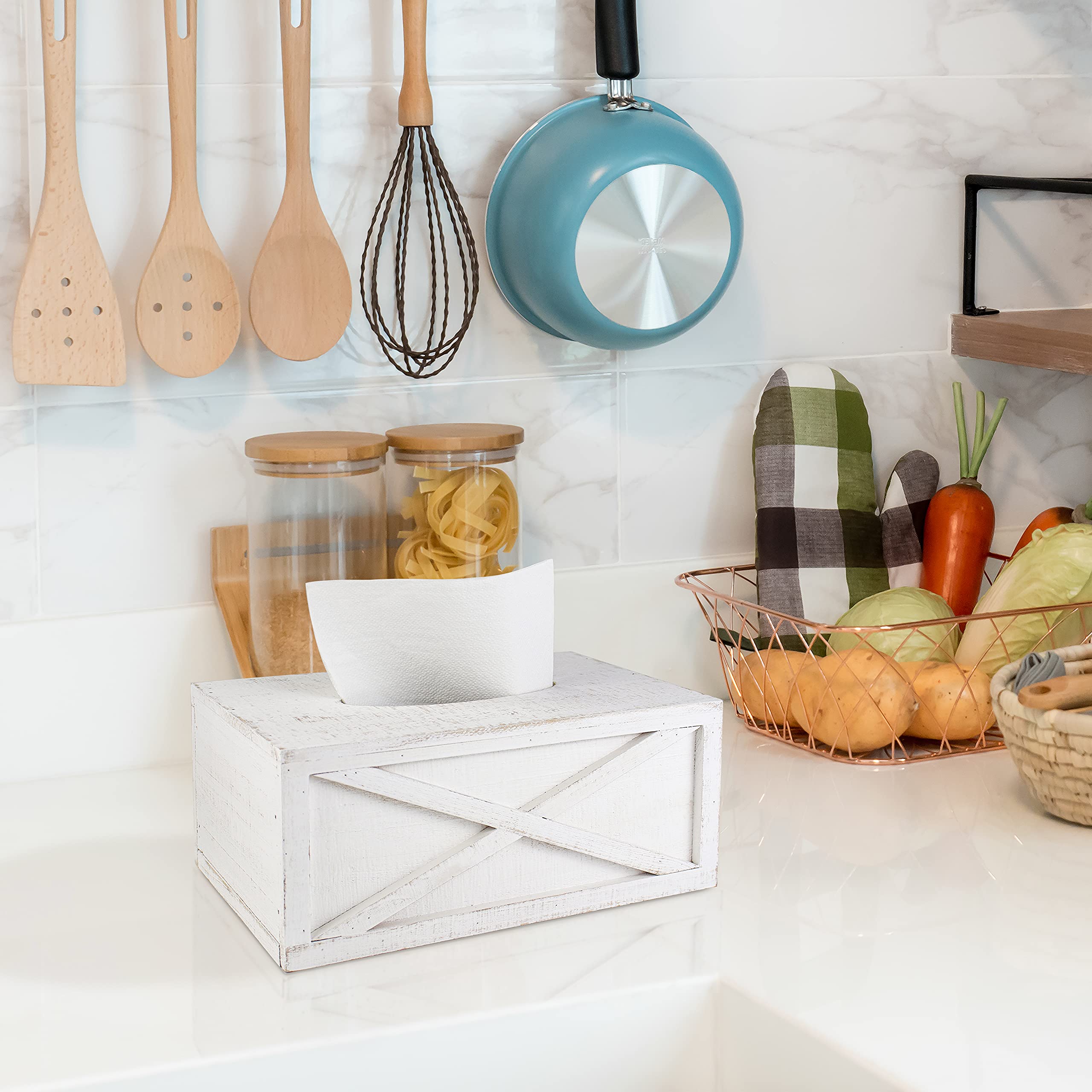 Karisky Rustic Rectangular Fir Wood Tissue Box Cover Holder with Slide-Out Bottom Panel, Farmhouse Paper Facial Dispenser for Bathroom, Bedroom, Night Stands, Office, 10 x 6 x 5 inch, White