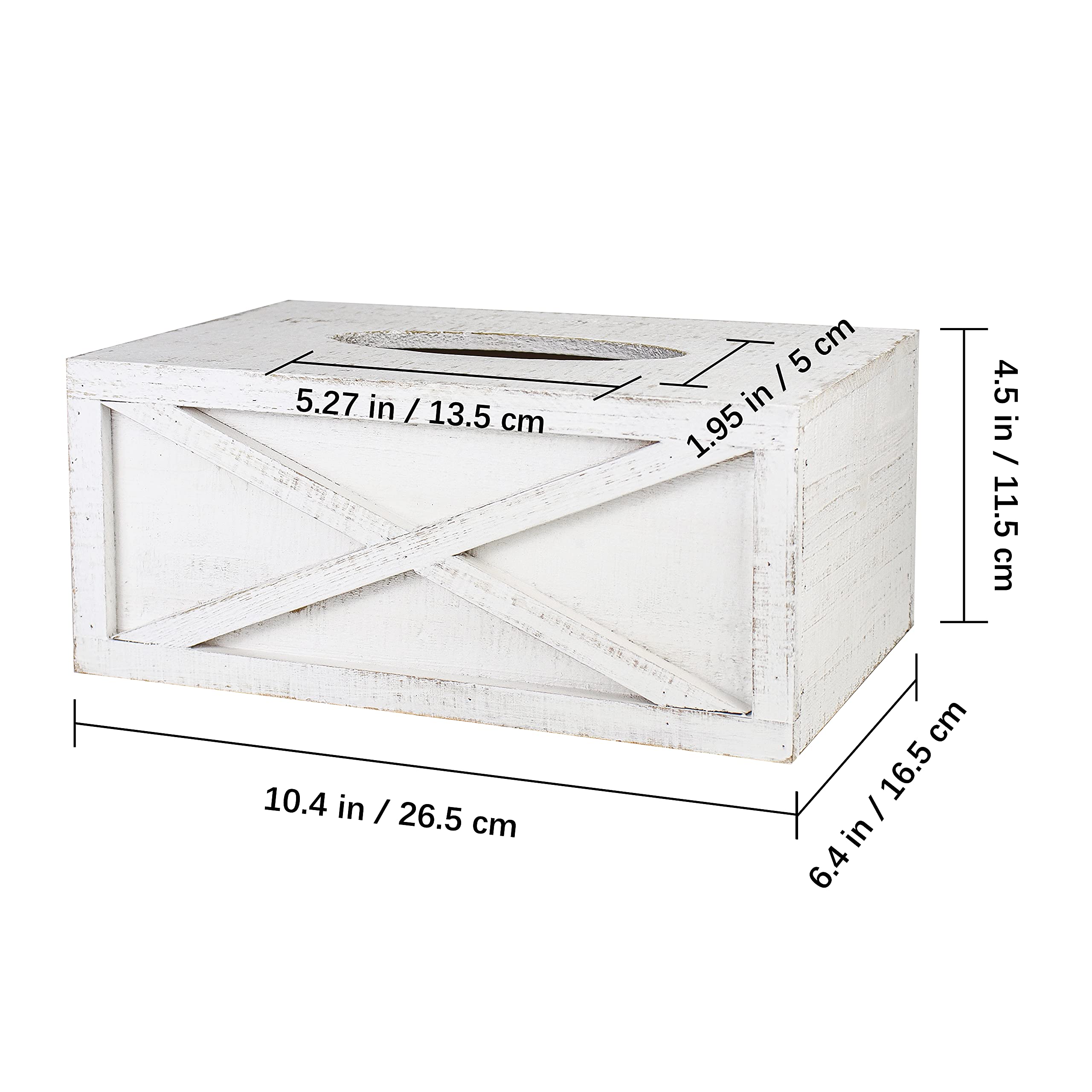 Karisky Rustic Rectangular Fir Wood Tissue Box Cover Holder with Slide-Out Bottom Panel, Farmhouse Paper Facial Dispenser for Bathroom, Bedroom, Night Stands, Office, 10 x 6 x 5 inch, White
