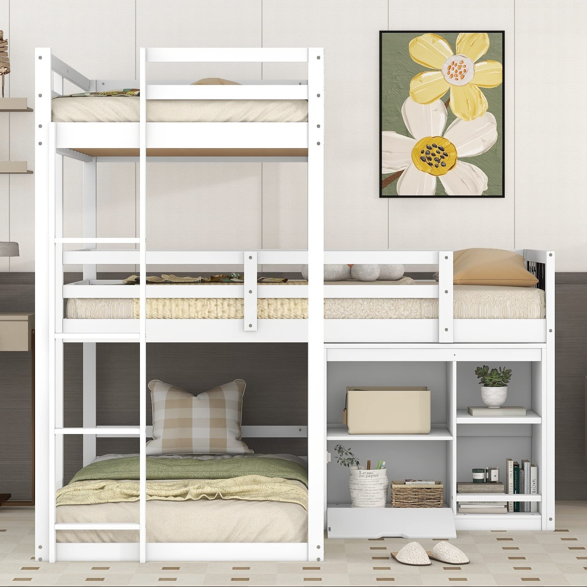 Eafurn L-Shaped Bunk Beds for 3,Twin Size Triple Bunk Beds with Storage Cabinet and Blackboard,Solid Wood Floor Bunk Bed for Kids Teens Adults