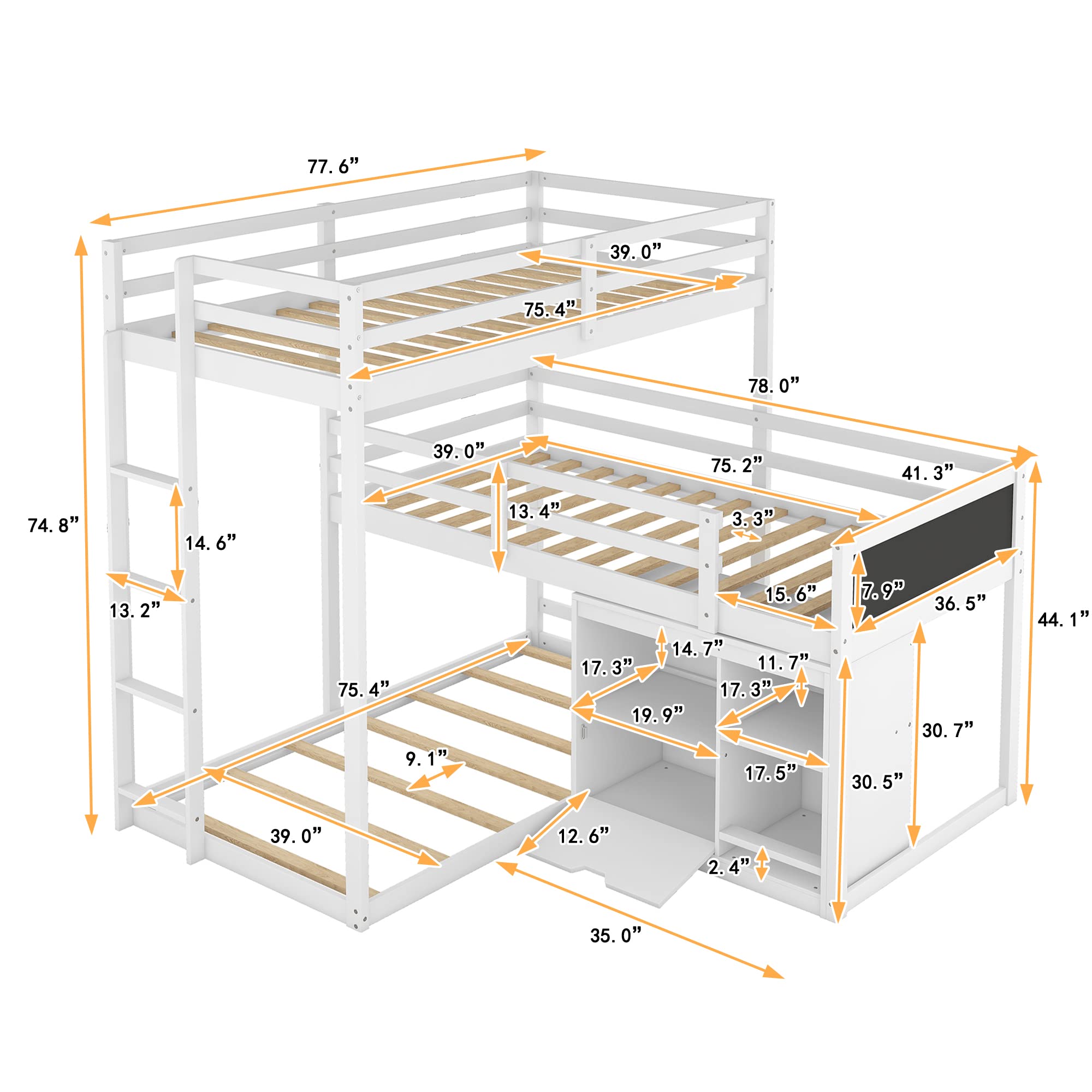 Eafurn L-Shaped Bunk Beds for 3,Twin Size Triple Bunk Beds with Storage Cabinet and Blackboard,Solid Wood Floor Bunk Bed for Kids Teens Adults