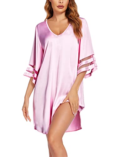 Ekouaer Satin Nightgown for Women 3/4 Sleeve Silk Sleep Shirt V Neck Knee Length Sleep Dress Pink Medium