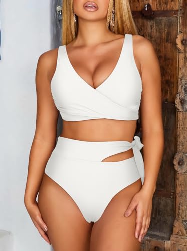 Sovoyontee 2024 Womens Criss Cross Bikini Sets Two Piece Swimsuit High Waisted Cheeky Cut Out Bathing Suit White XL