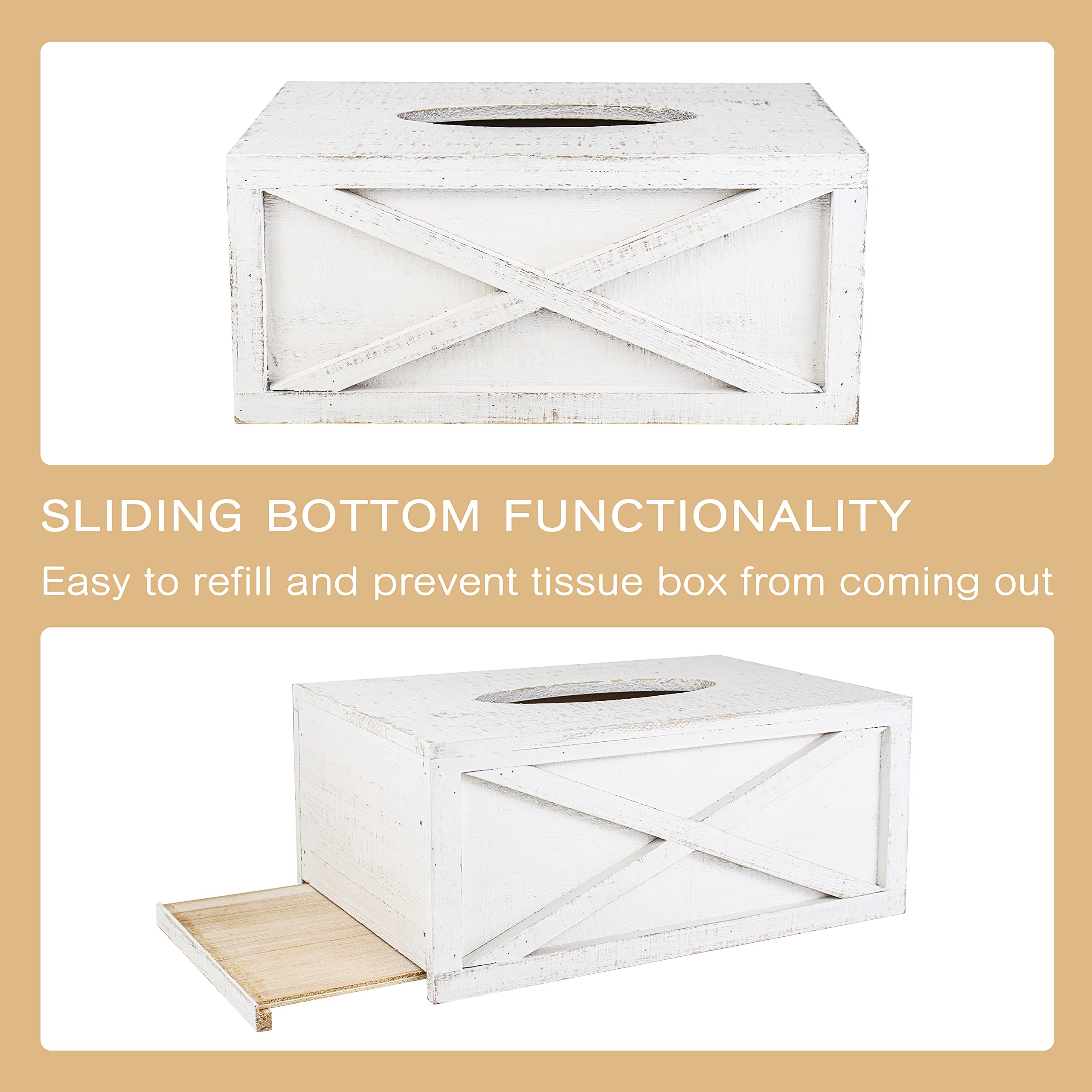 Karisky Rustic Rectangular Fir Wood Tissue Box Cover Holder with Slide-Out Bottom Panel, Farmhouse Paper Facial Dispenser for Bathroom, Bedroom, Night Stands, Office, 10 x 6 x 5 inch, White