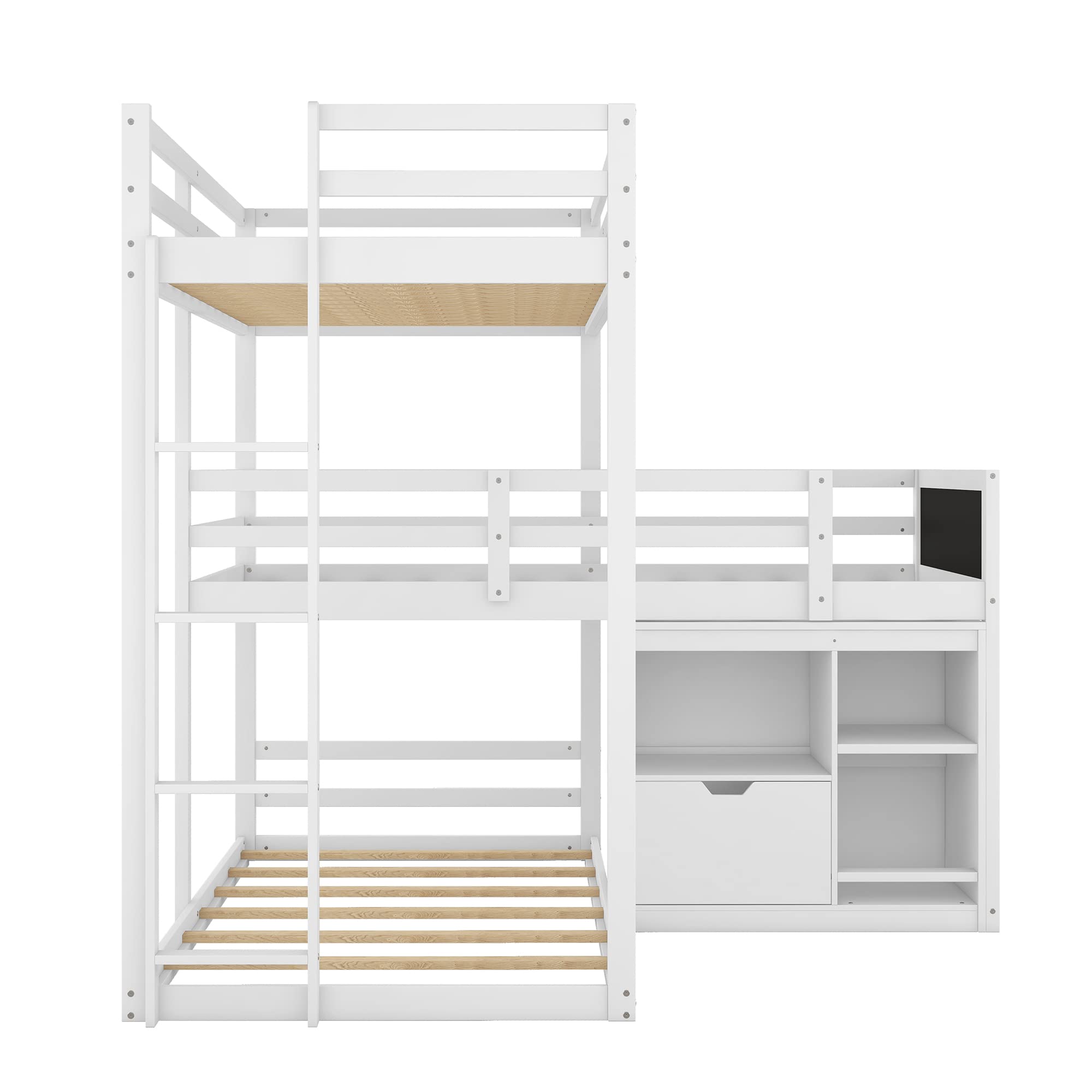 Eafurn L-Shaped Bunk Beds for 3,Twin Size Triple Bunk Beds with Storage Cabinet and Blackboard,Solid Wood Floor Bunk Bed for Kids Teens Adults