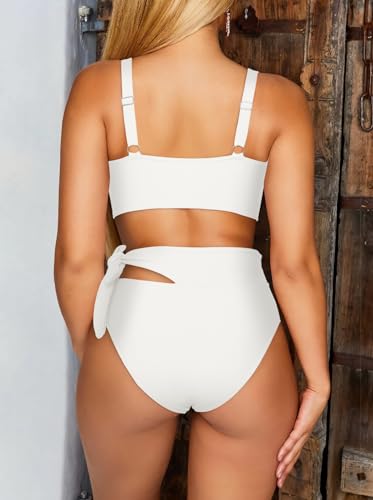Sovoyontee 2024 Womens Criss Cross Bikini Sets Two Piece Swimsuit High Waisted Cheeky Cut Out Bathing Suit White XL