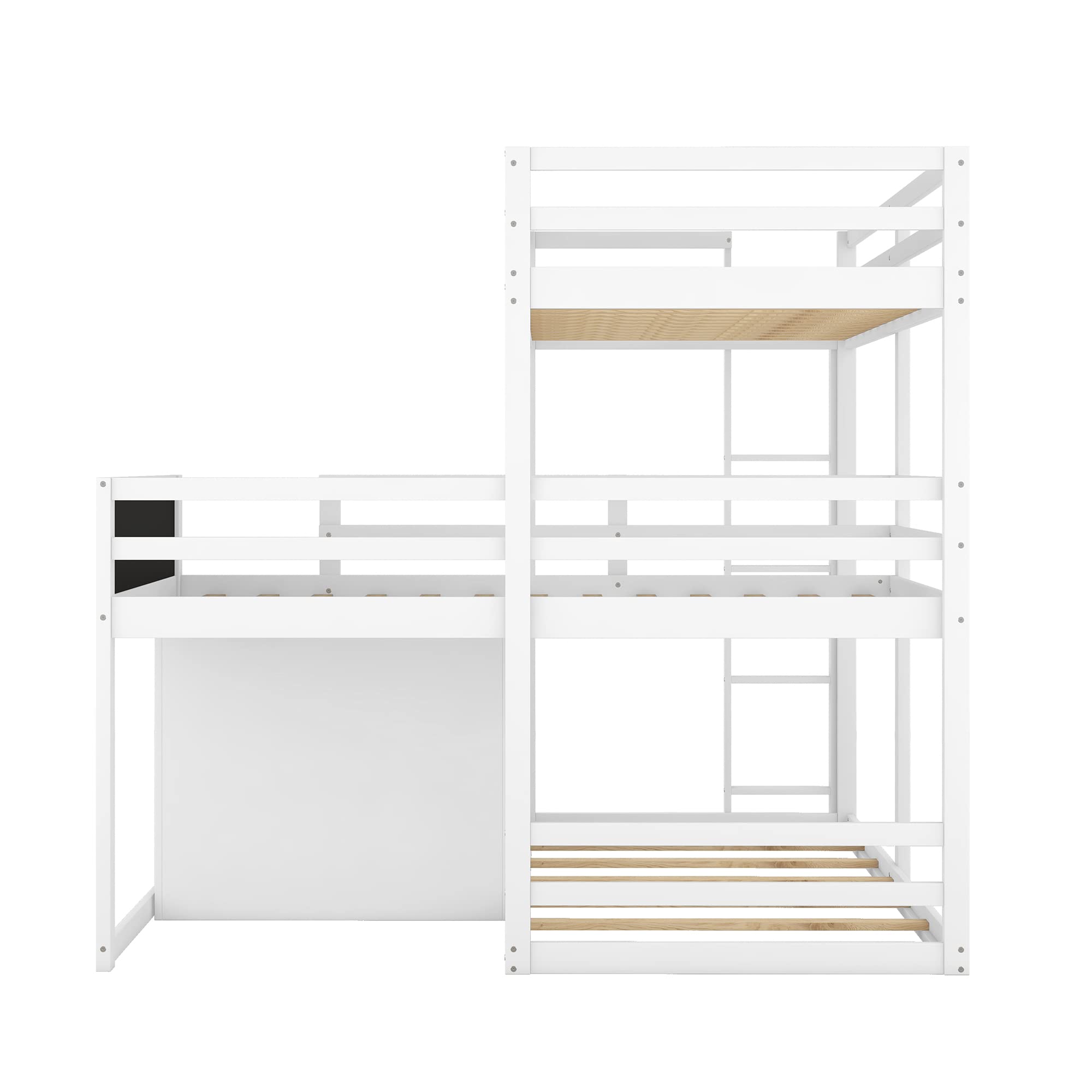 Eafurn L-Shaped Bunk Beds for 3,Twin Size Triple Bunk Beds with Storage Cabinet and Blackboard,Solid Wood Floor Bunk Bed for Kids Teens Adults