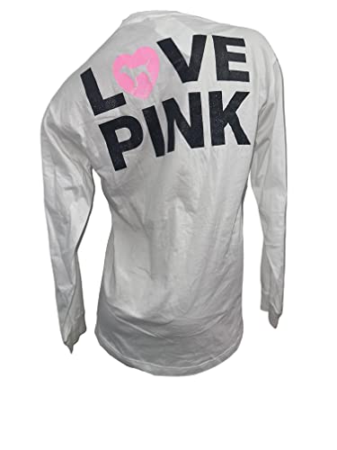 Victoria's Secret Pink Cotton Long Sleeve Campus Oversize Glitter Tee/T-Shirt Size Medium Color White New