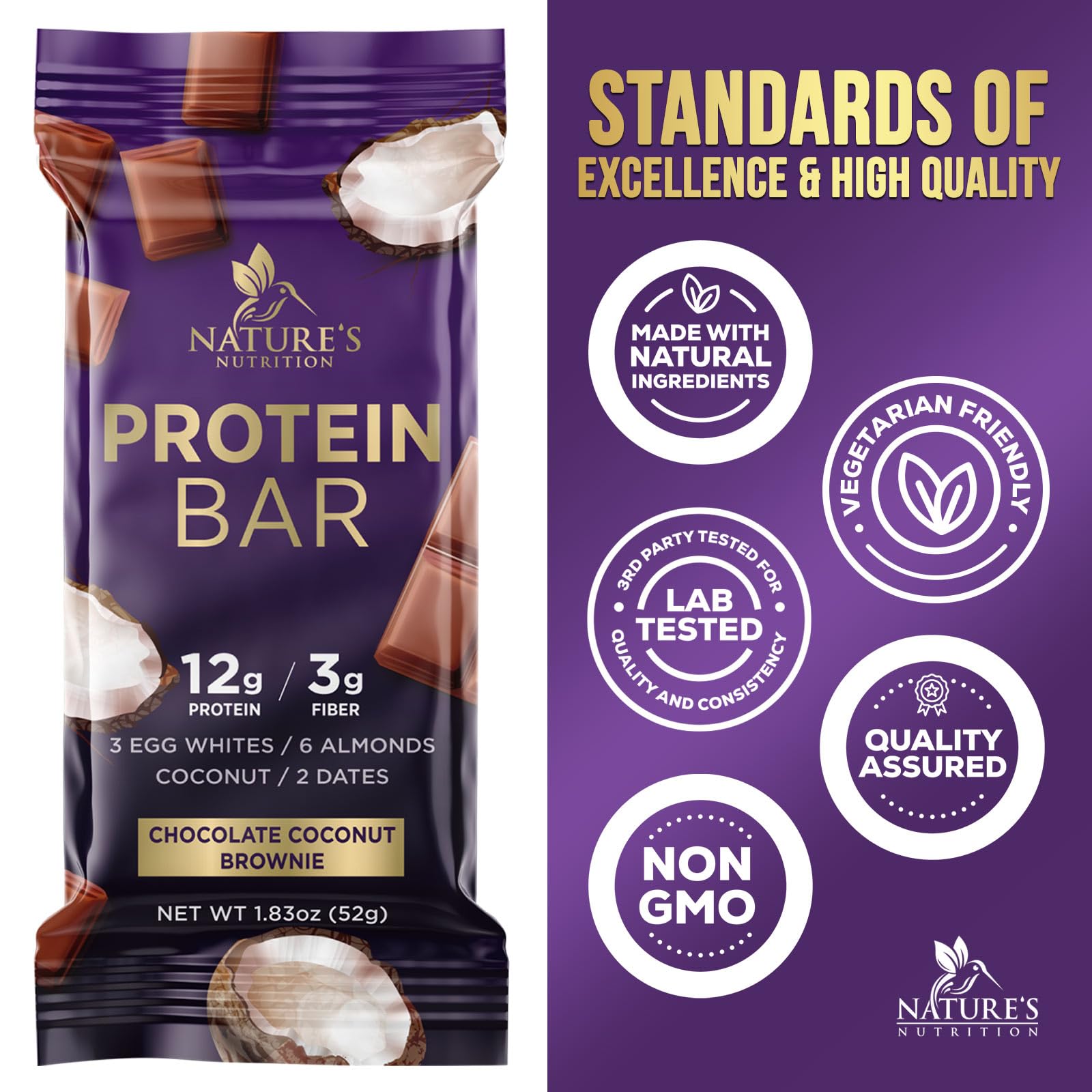 Chocolate Brownie Protein Bars - High Protein Snacks to Support Energy & Replace Meals - Snack Size Chocolate Coconut Bars by Natures Nutrition - 1.83 oz (Pack of 12)