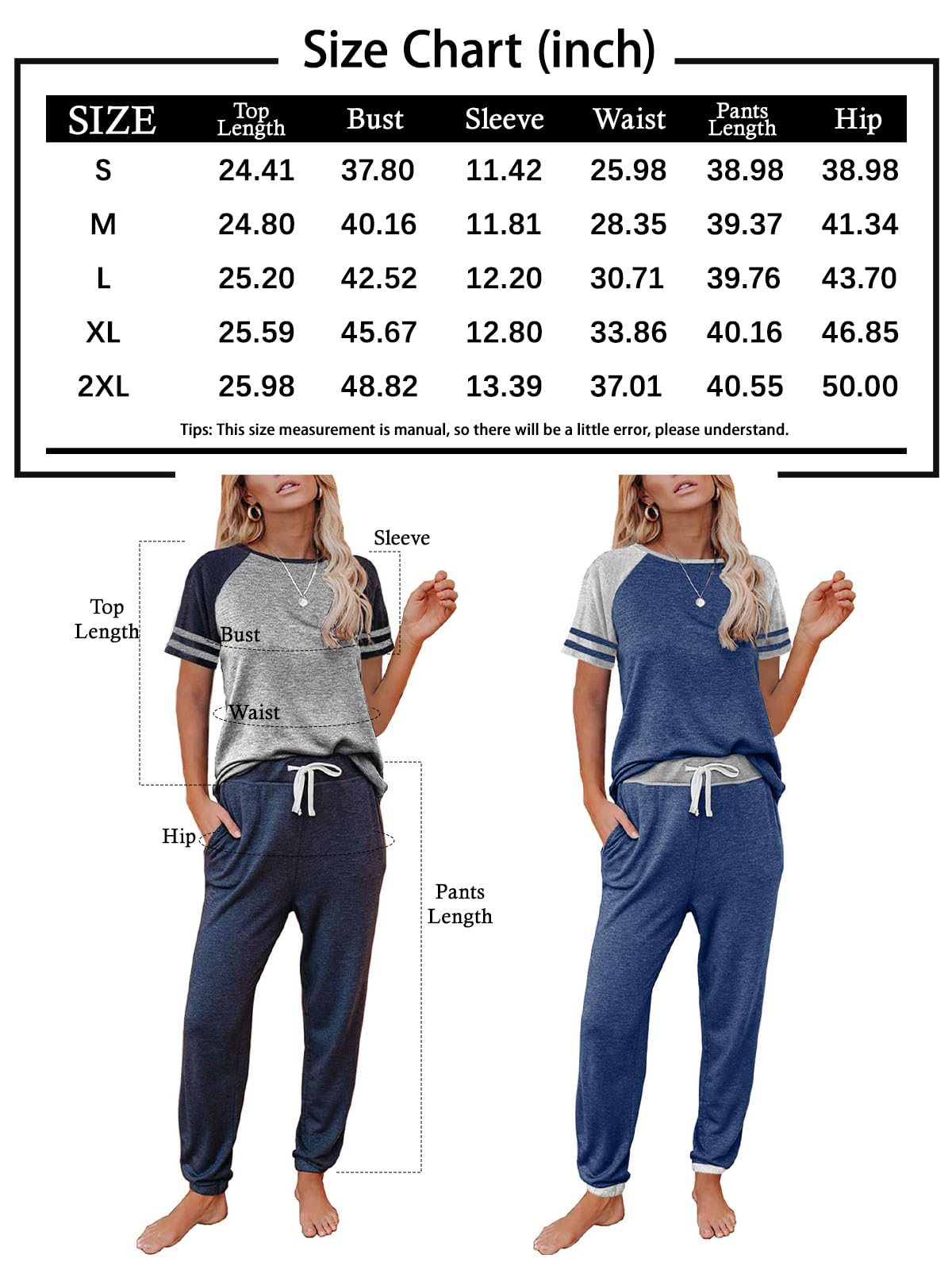 AUTOMET Lounge Sets For Women Two Piece Outfits Loungewear Short Sleeve Crewneck Jogger Pajama Set Sweatpants Tracksuit Navy Blue L