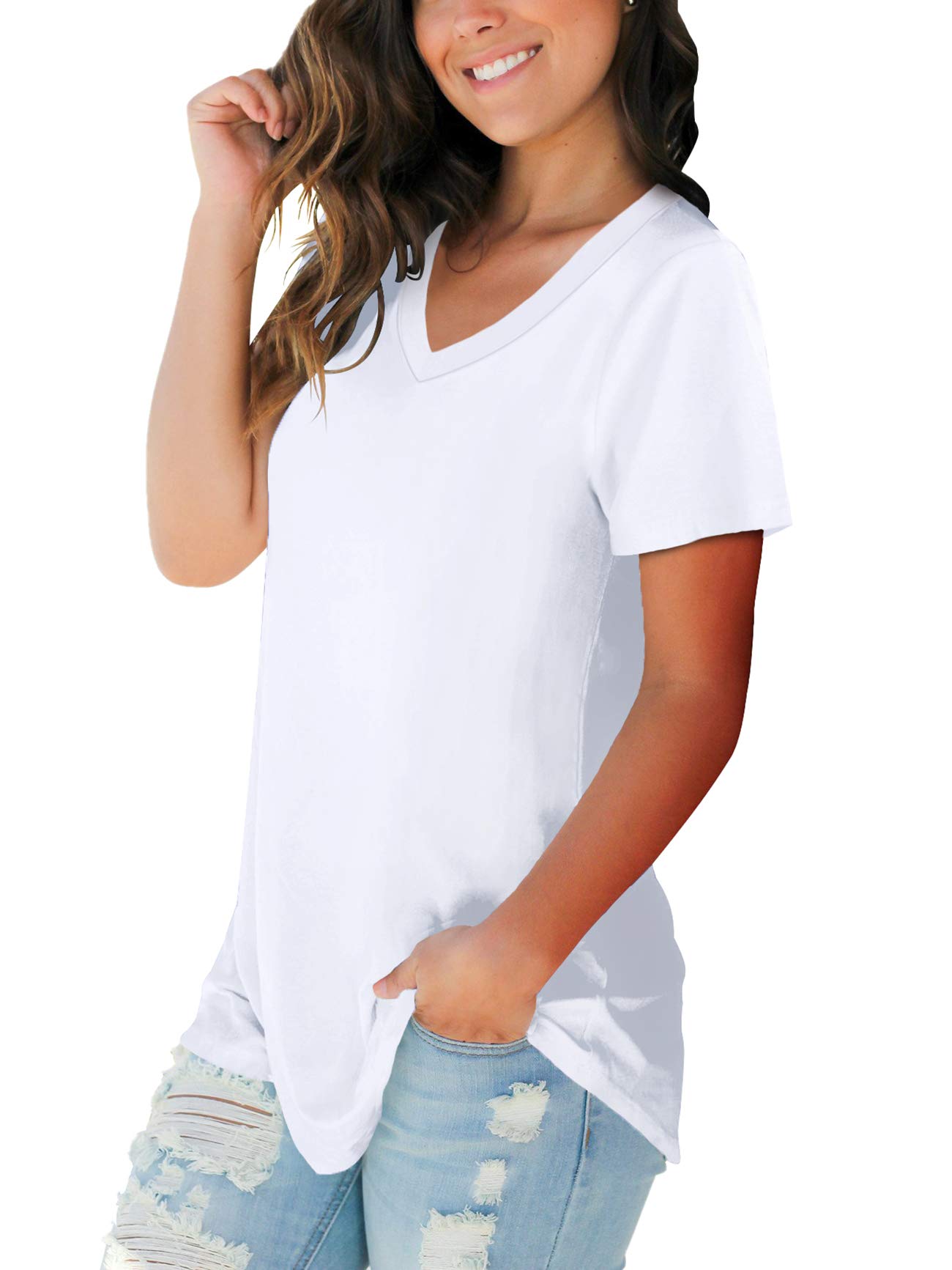 Women Cute Tops Short Sleeve V Neck T-Shirts Lightweight Summer Clothes White S