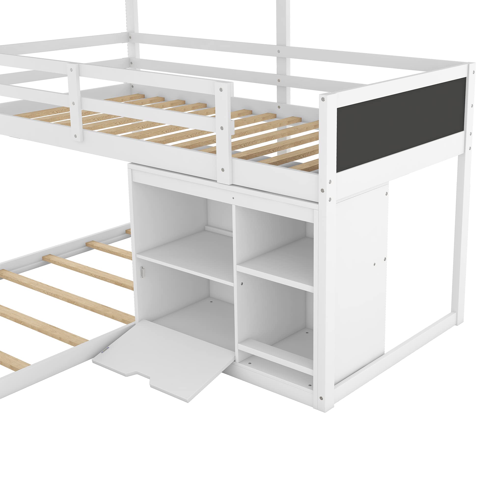 Eafurn L-Shaped Bunk Beds for 3,Twin Size Triple Bunk Beds with Storage Cabinet and Blackboard,Solid Wood Floor Bunk Bed for Kids Teens Adults