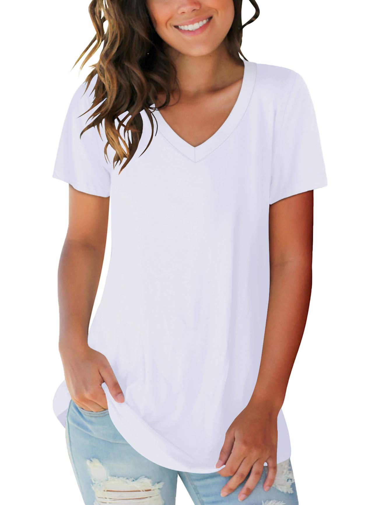 Women Cute Tops Short Sleeve V Neck T-Shirts Lightweight Summer Clothes White S