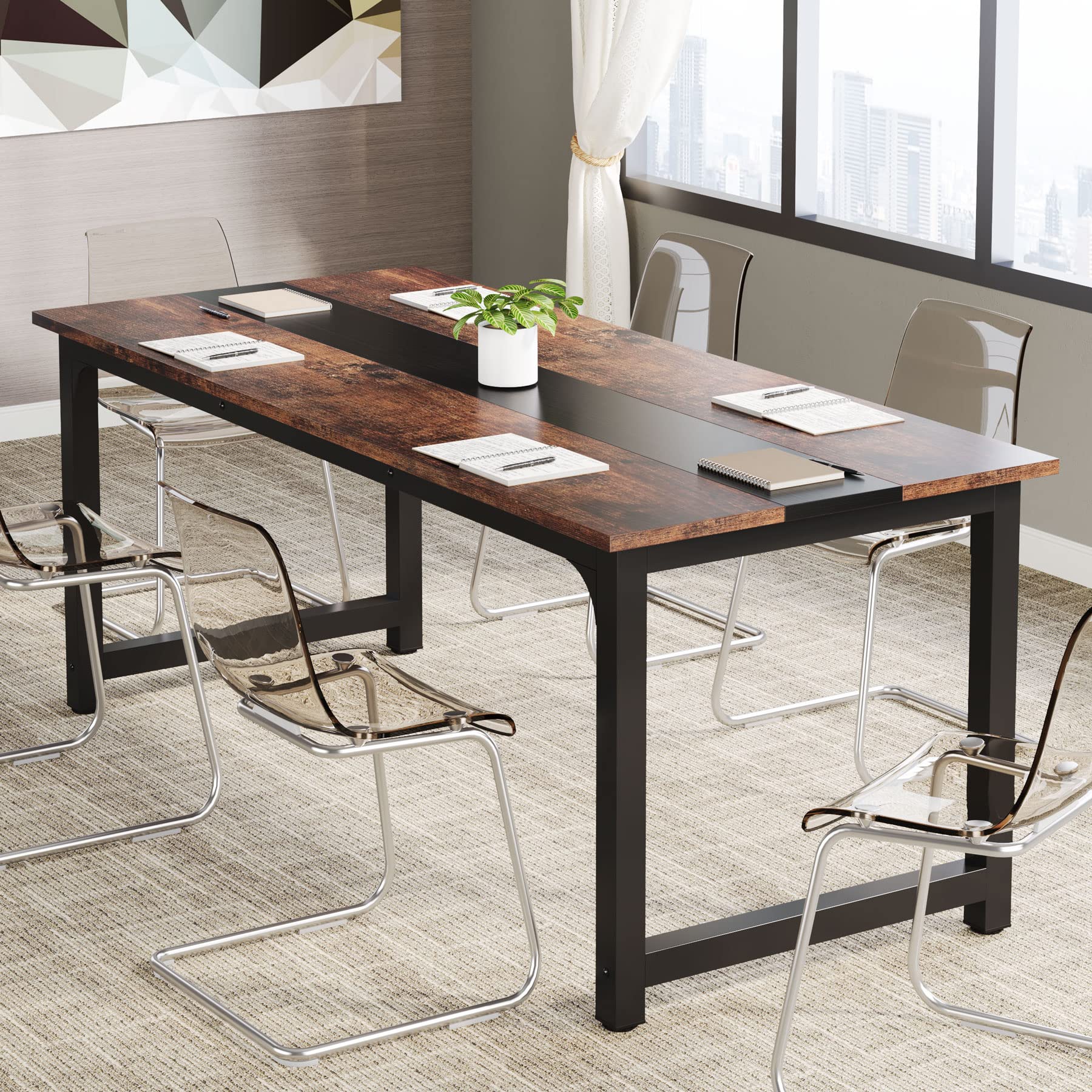 Tribesigns Conference Table, 6FT Meeting Seminar Table Rectangular Meeting Room Table, 70.8L x 31.5W x 29.5H, Brown/Black