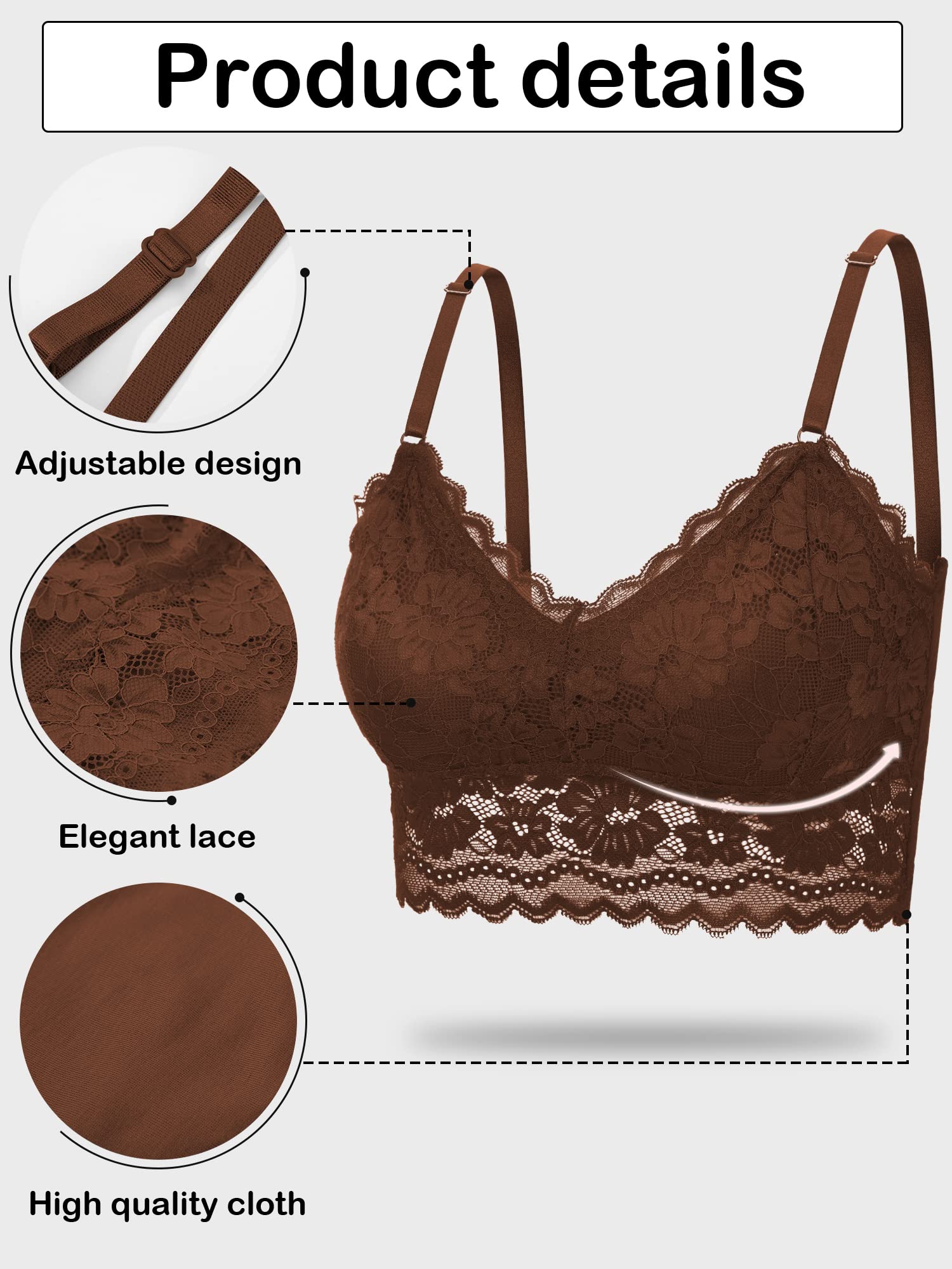 Geyoga 6 Pack Women's Lace Cami Top, Wireless Bralette Floral Non Padded Bandeau Bras with Straps(Black, Dark Chocolate, Chocolate, White, Olive Green, Dark Gray, Medium)