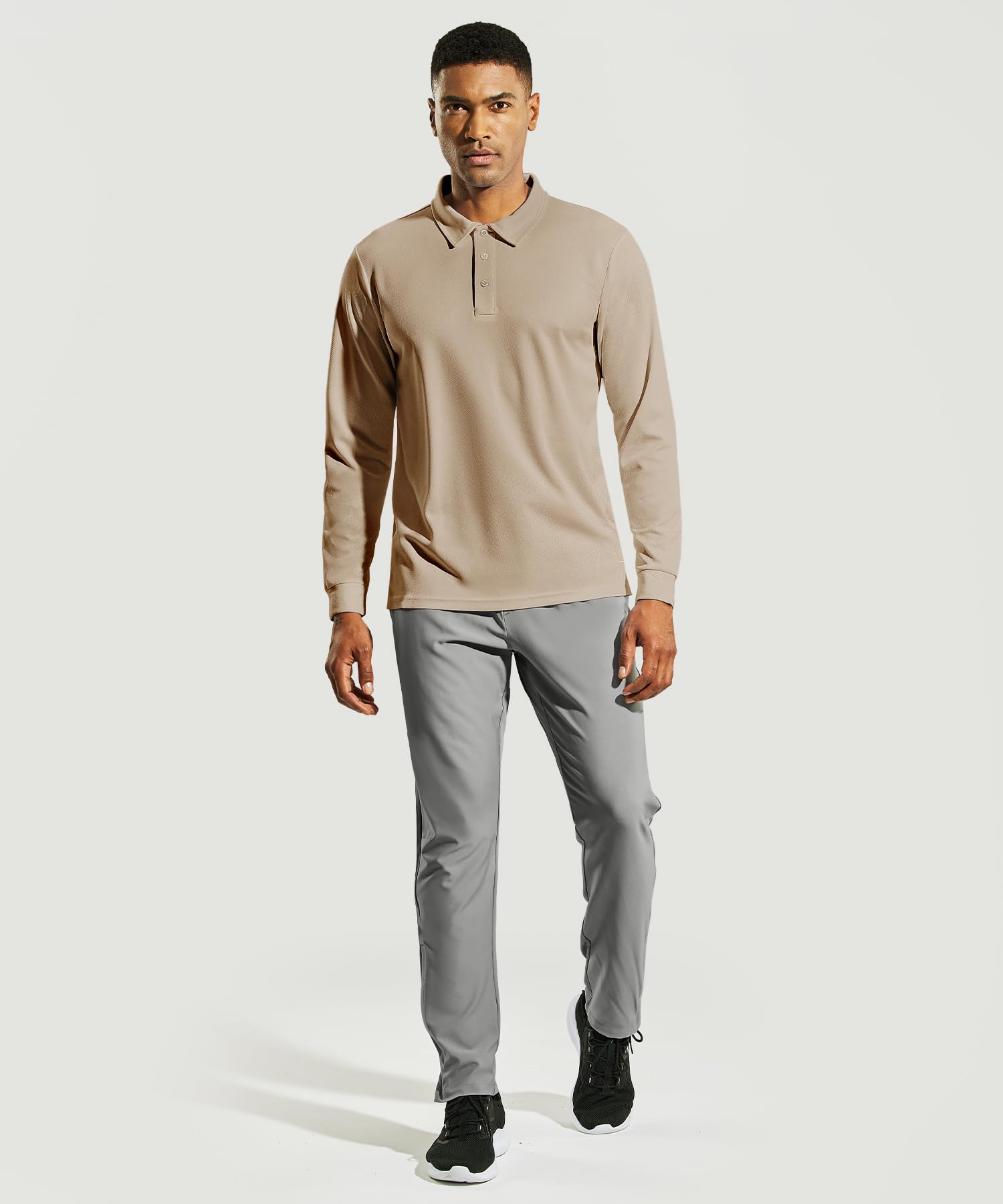 Haimont Mens Polo Shirts Golf Long Sleeve Lightweight Polyester Collared Tshirt Moisture Wicking Regular Fit, Khaki, XL