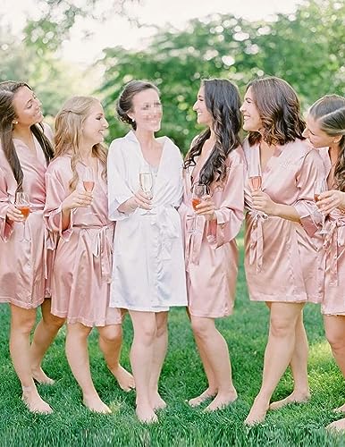 Avidlove Women's Satin Robe Pink Kimono Silk Robes for Bridal Party Lightweight V-Neck Lace Sleeves