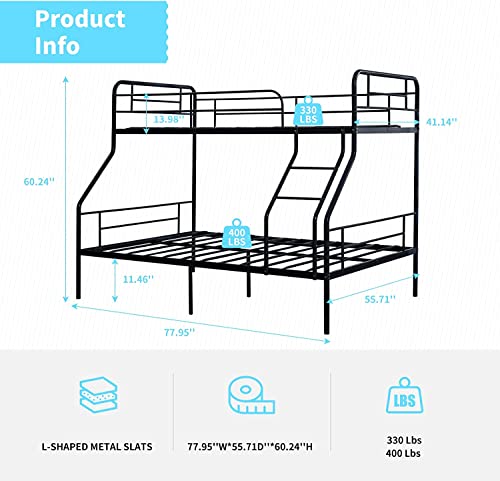 cuoote Twin Over Full Bunk Bed, Metal Twin Over Full Bunk Bed with Ladder and Guardrail, Space-Saving Design for Boys, Girls, No Box Spring Needed (Black, Twin Over Full)