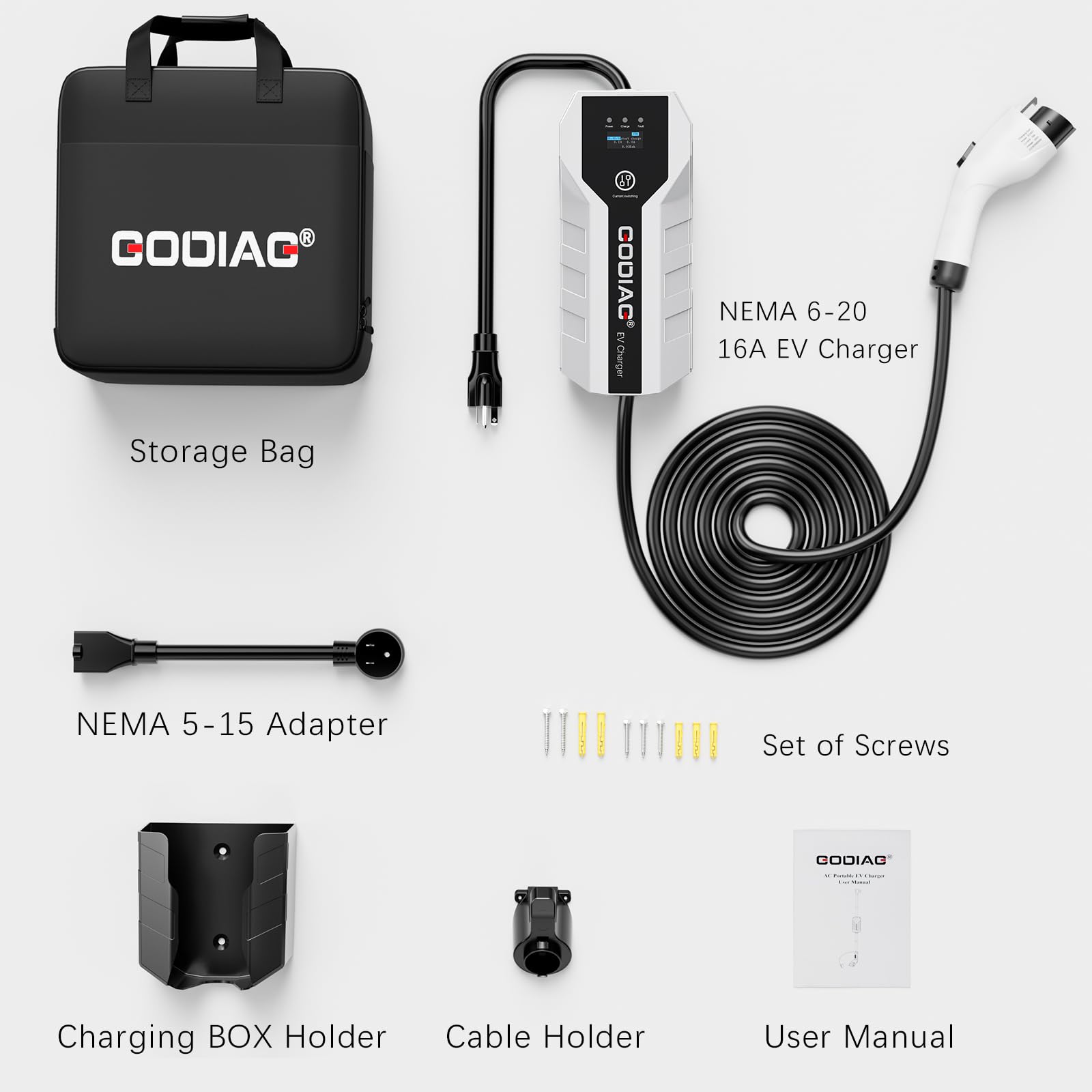GODIAG Level 1+2 EV Charger - ETL Certified, 16Amp, 110V-240V, 20ft Cable, Portable Electric Car Charger for J1772 EVs with NEMA 6-20 & NEMA 5-15 Plug
