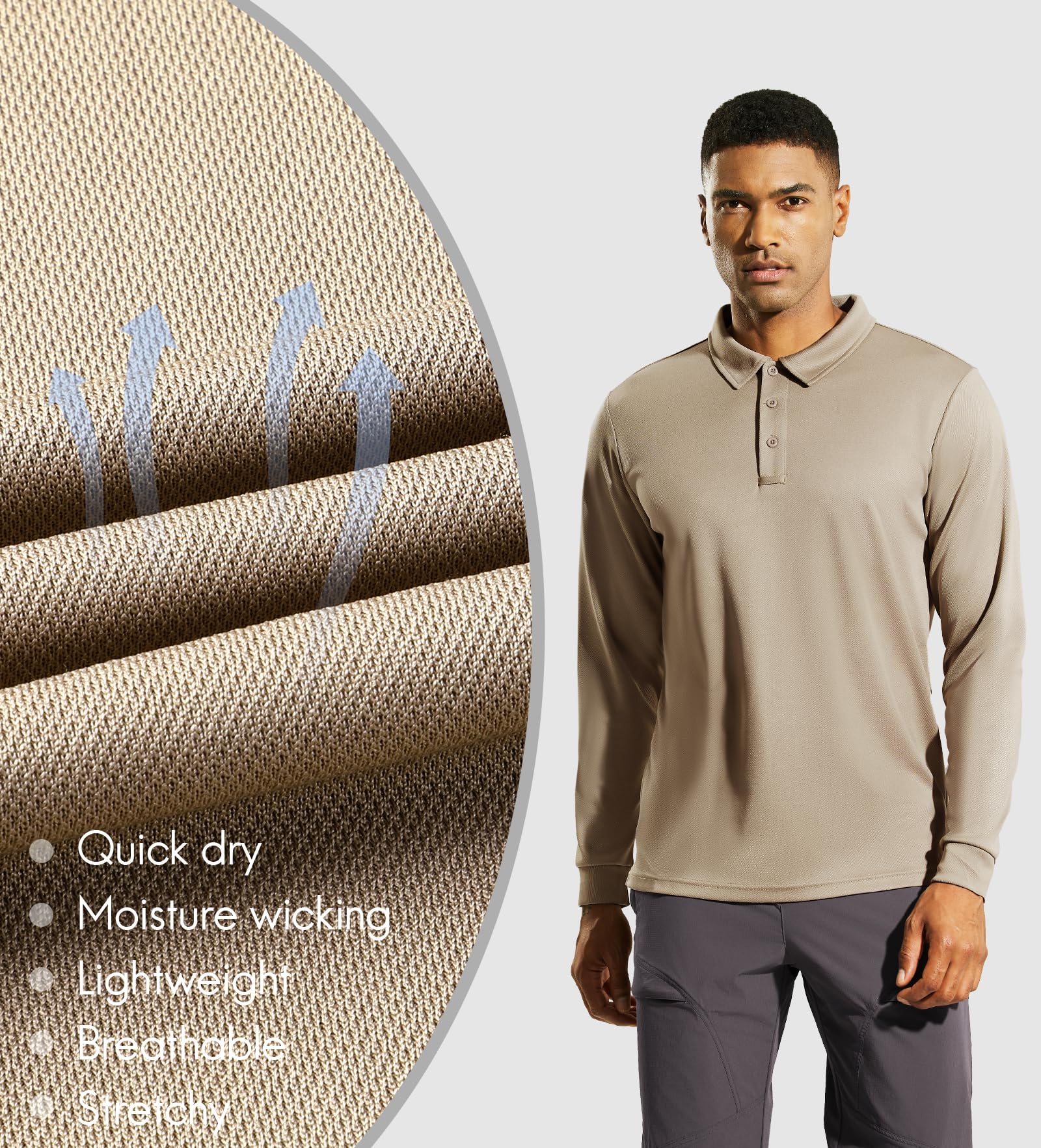 Haimont Mens Polo Shirts Golf Long Sleeve Lightweight Polyester Collared Tshirt Moisture Wicking Regular Fit, Khaki, XL