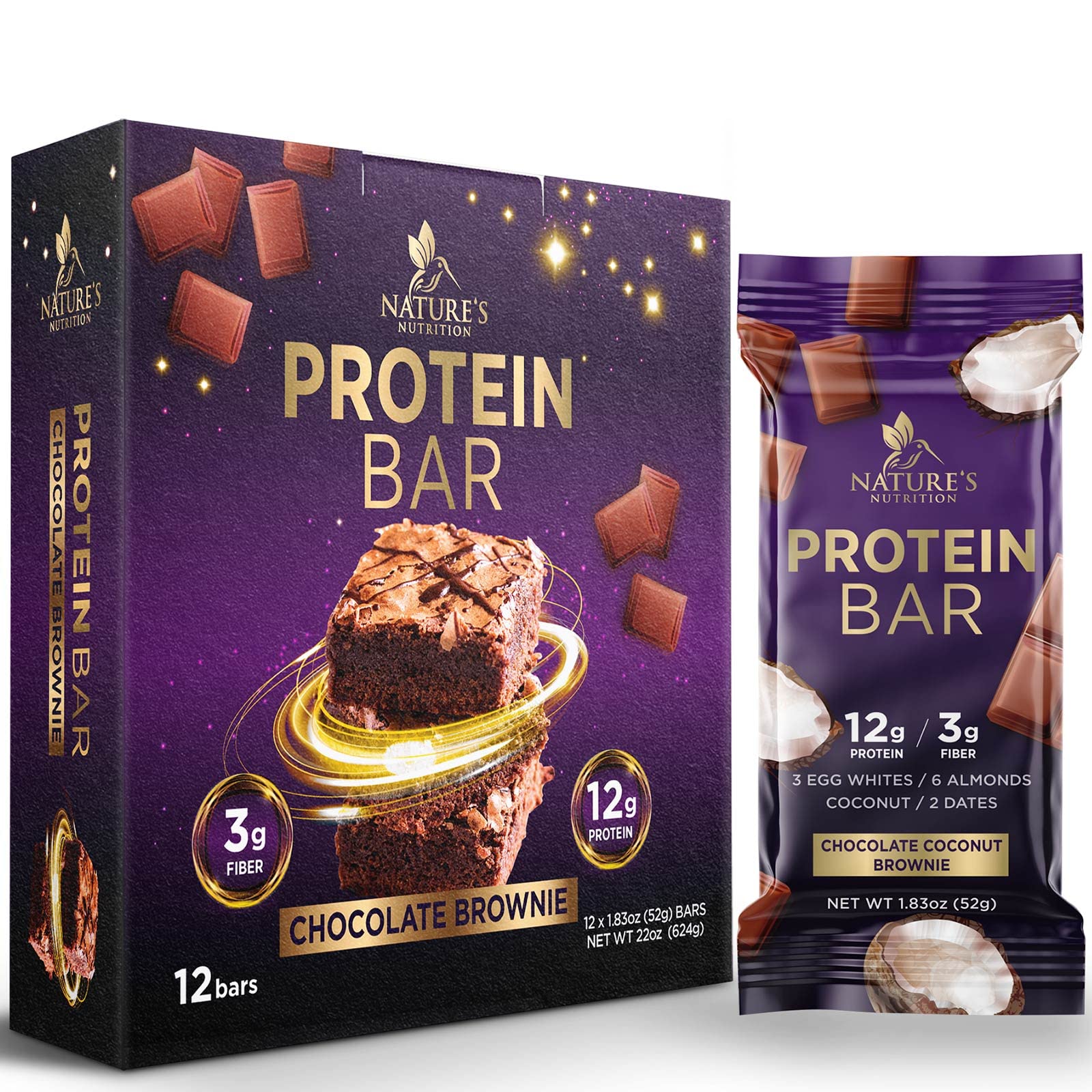 Chocolate Brownie Protein Bars - High Protein Snacks to Support Energy & Replace Meals - Snack Size Chocolate Coconut Bars by Natures Nutrition - 1.83 oz (Pack of 12)