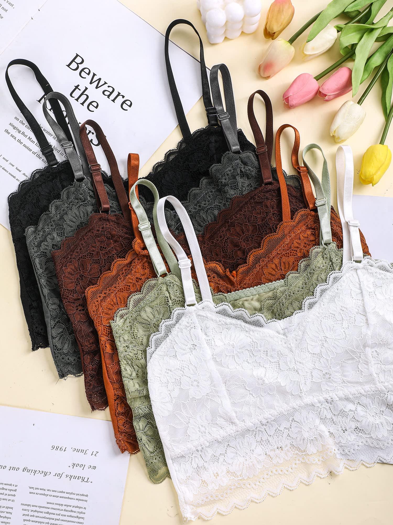 Geyoga 6 Pack Women's Lace Cami Top, Wireless Bralette Floral Non Padded Bandeau Bras with Straps(Black, Dark Chocolate, Chocolate, White, Olive Green, Dark Gray, Medium)