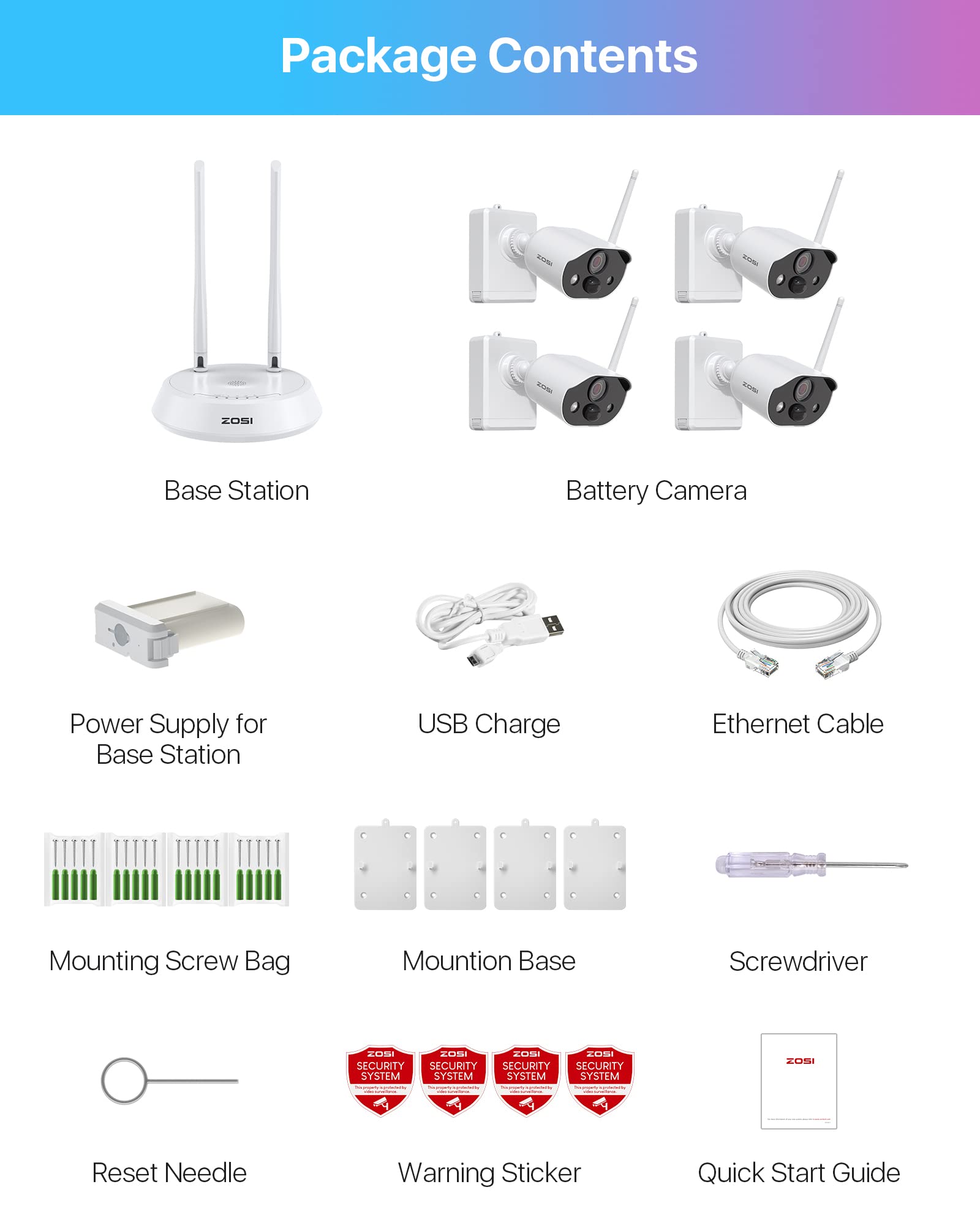 ZOSI C309 4CH 2K Spotlight Battery Powered Wireless Security Camera System,4pcs Wire-Free Rechargeable Outdoor Cameras,Color Night Vision,Light & Siren Alarm,2-Way Audio,32GB SD Card&Cloud Storage