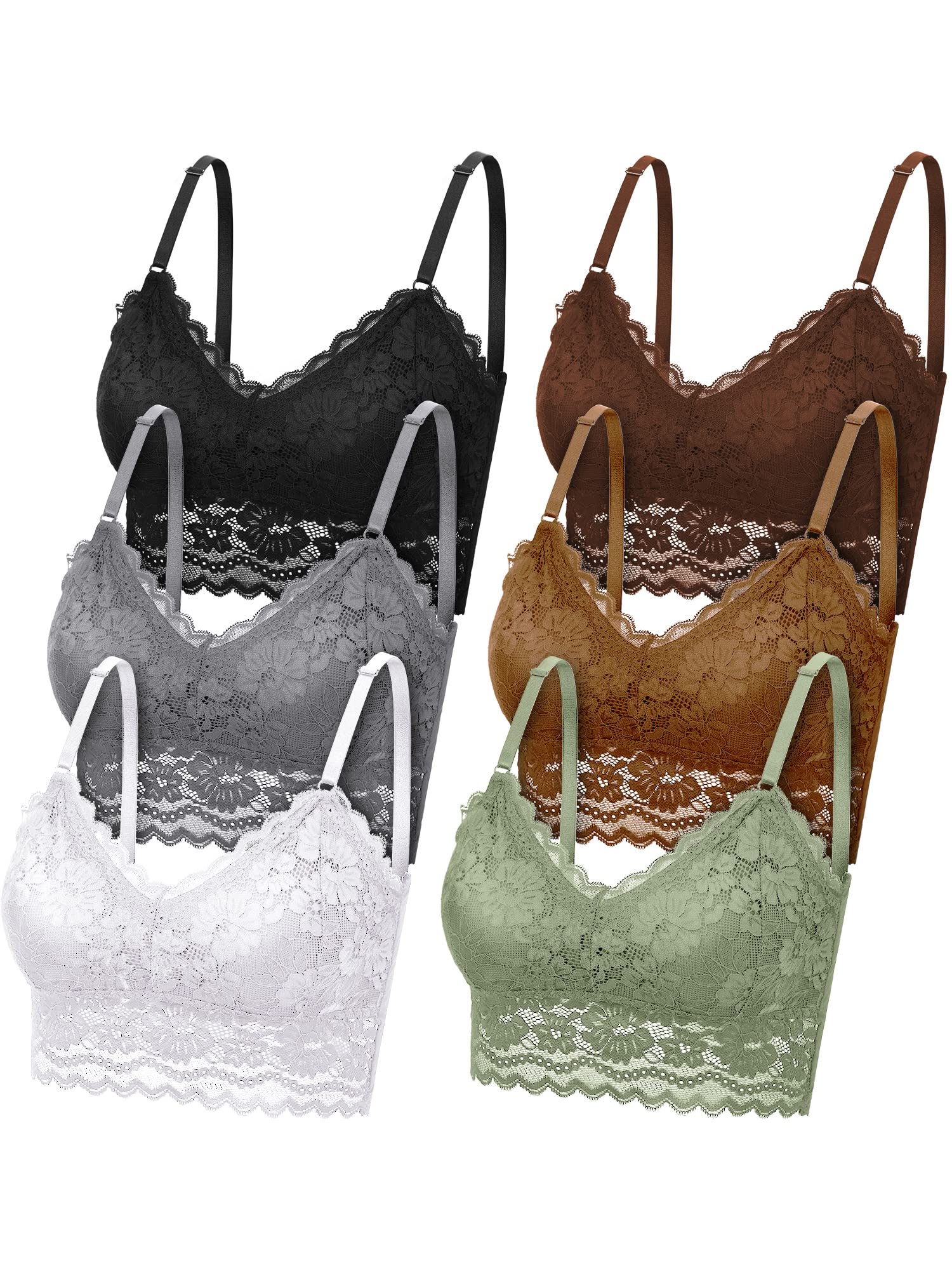 Geyoga 6 Pack Women's Lace Cami Top, Wireless Bralette Floral Non Padded Bandeau Bras with Straps(Black, Dark Chocolate, Chocolate, White, Olive Green, Dark Gray, Medium)