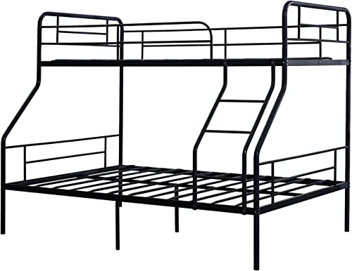 cuoote Twin Over Full Bunk Bed, Metal Twin Over Full Bunk Bed with Ladder and Guardrail, Space-Saving Design for Boys, Girls, No Box Spring Needed (Black, Twin Over Full)
