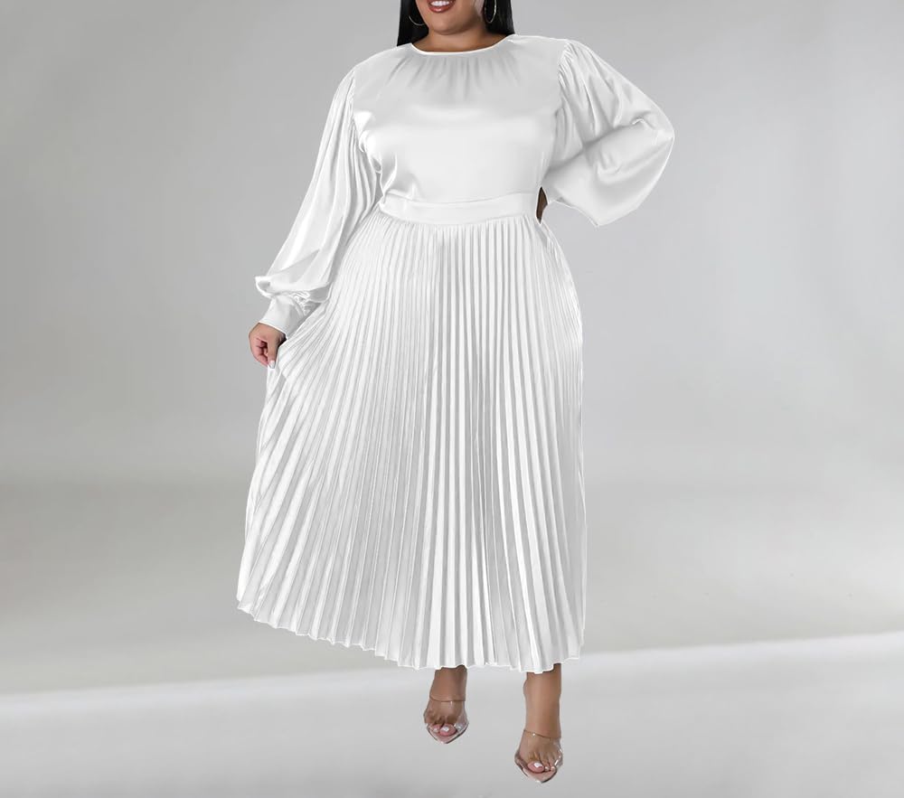 KELYWELL Plus Size Pleated Maxi Dress for Women's 2023 Fall Lantern Long Sleeve Flowy Swing Pleated Maxi Dress Clubwear (White,Large)