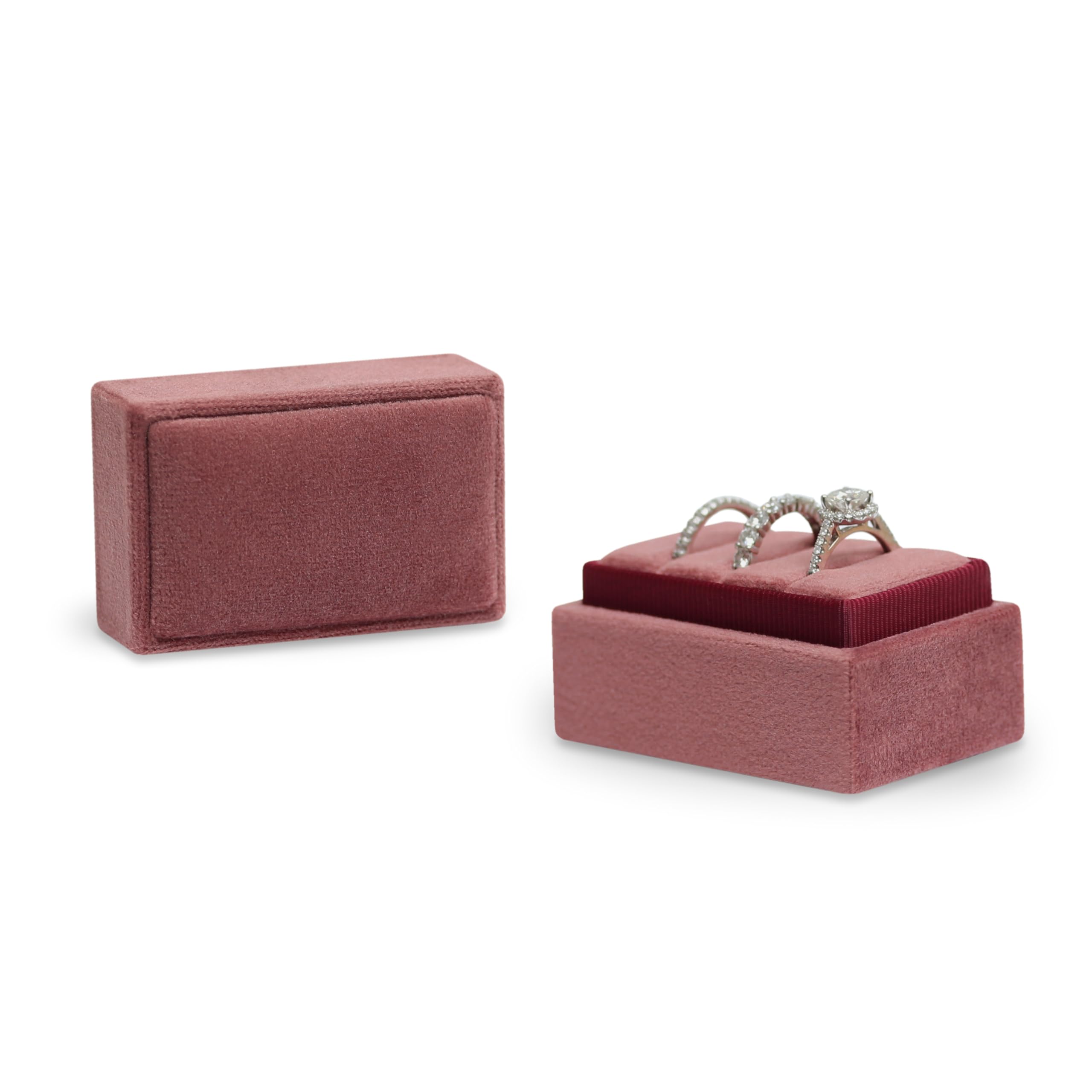 BLUTETE Rectangle 3 Slots Italian Velvet Jewelry Box Engagement Wedding Photo Ring Box Keepsake Box Triple Ring Gift Box (Dusty Rose)