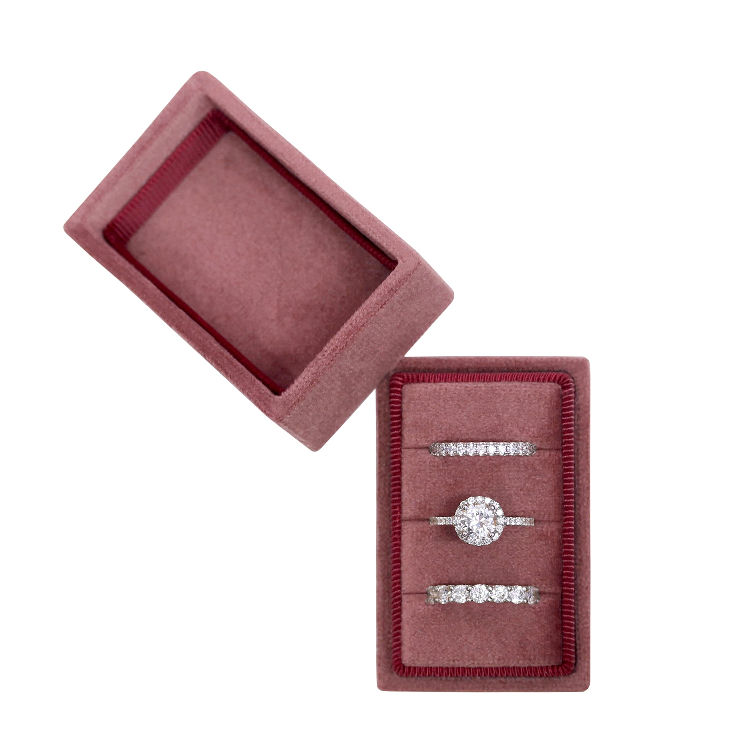 BLUTETE Rectangle 3 Slots Italian Velvet Jewelry Box Engagement Wedding Photo Ring Box Keepsake Box Triple Ring Gift Box (Dusty Rose)