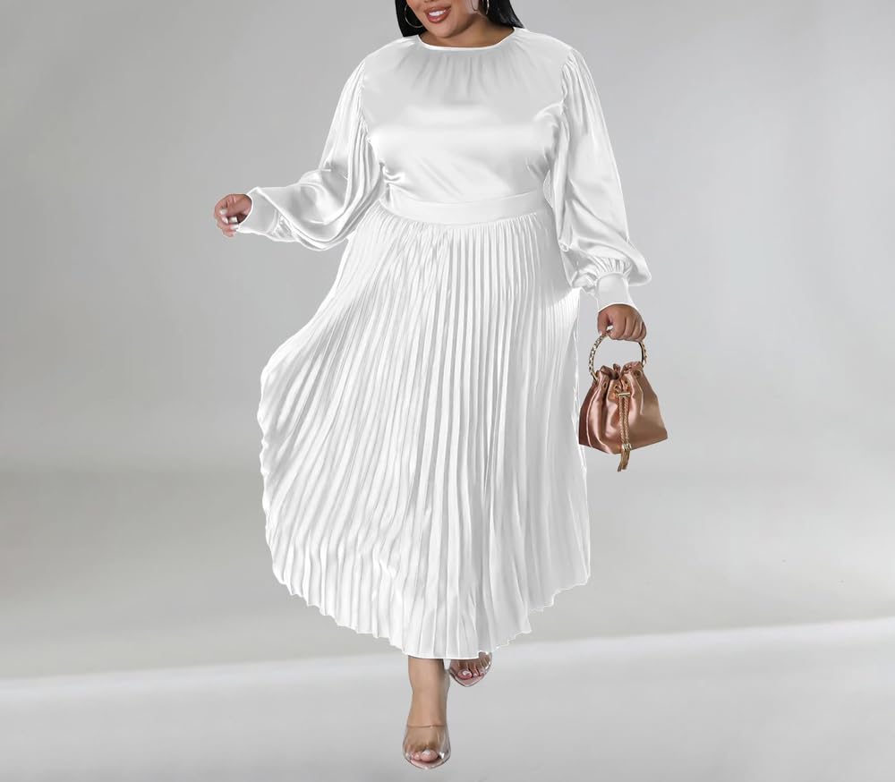 KELYWELL Plus Size Pleated Maxi Dress for Women's 2023 Fall Lantern Long Sleeve Flowy Swing Pleated Maxi Dress Clubwear (White,Large)