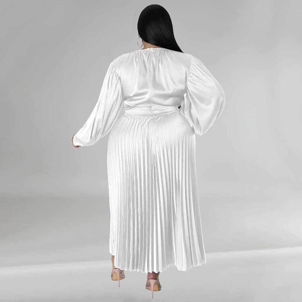 KELYWELL Plus Size Pleated Maxi Dress for Women's 2023 Fall Lantern Long Sleeve Flowy Swing Pleated Maxi Dress Clubwear (White,Large)