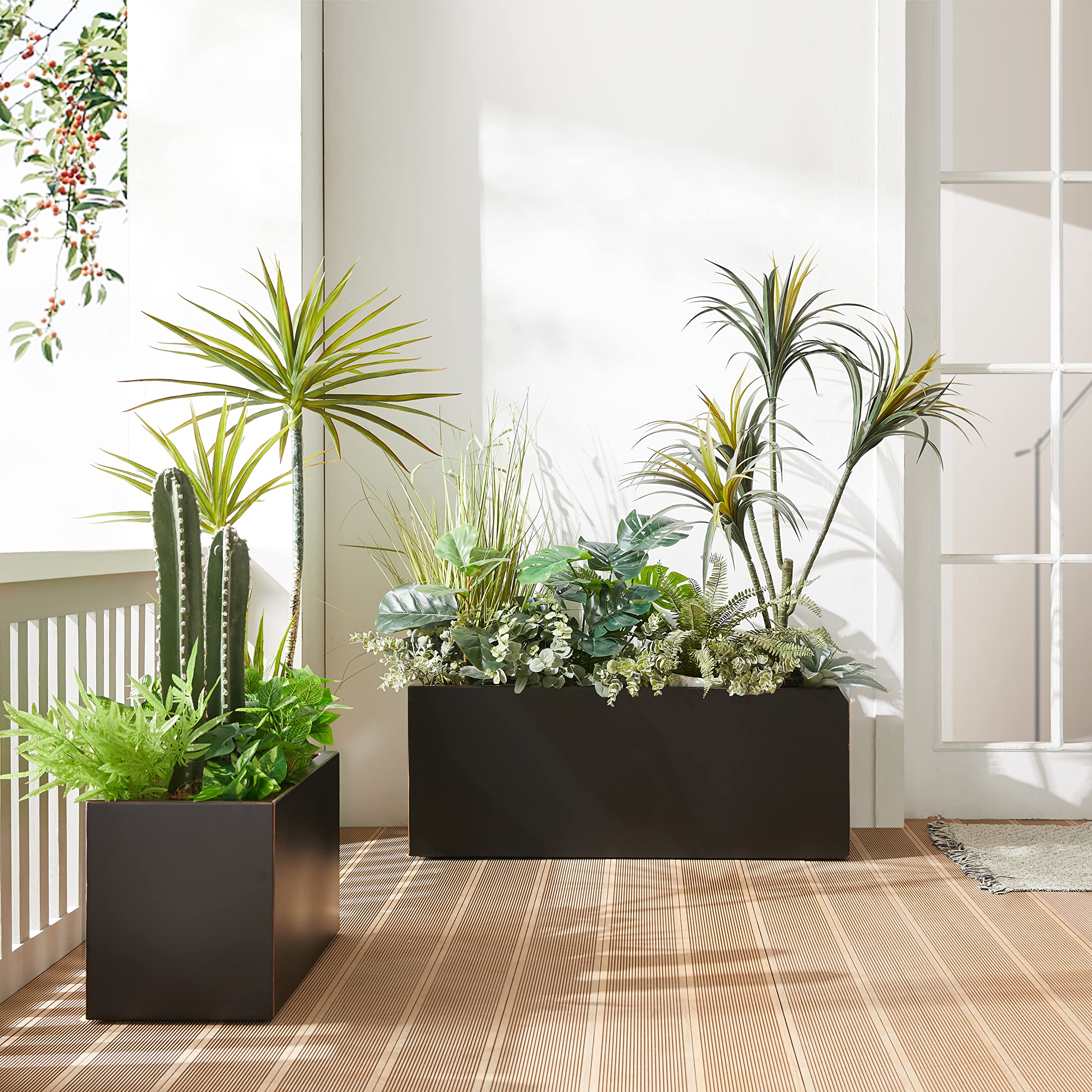 Wallowa Metallic Heavy Long and Large Outdoor/Indoor Planter, Rectangular Trough Planter Box, 38”Lx15”Wx15”H, 40Pounds, Black with Hand Brushed Gold Edge, No Assemble and Seamless