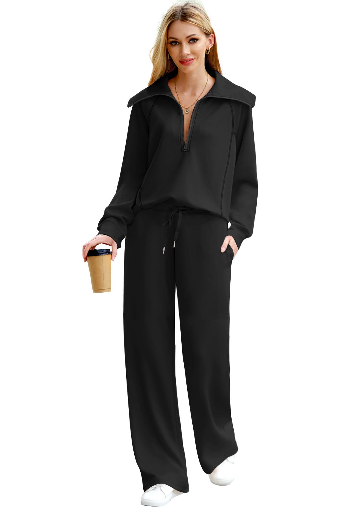XIEERDUO Loungewear Set Women Fall Fashion 2024 Sweatsuit Set 2 Piece Outfits Black M