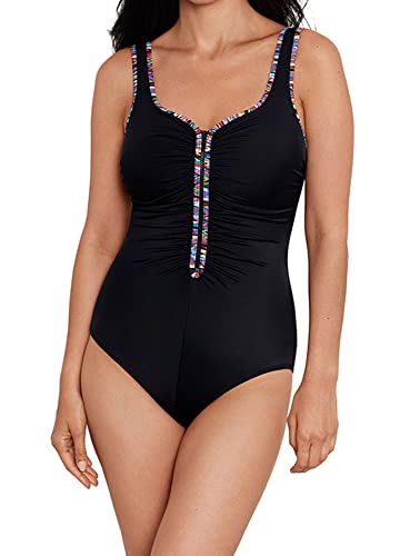 Penbrooke ShapeSolver Sport Women's Private Lines Shirred Zip Soft Cup One Piece Swimsuit, Multi, 16