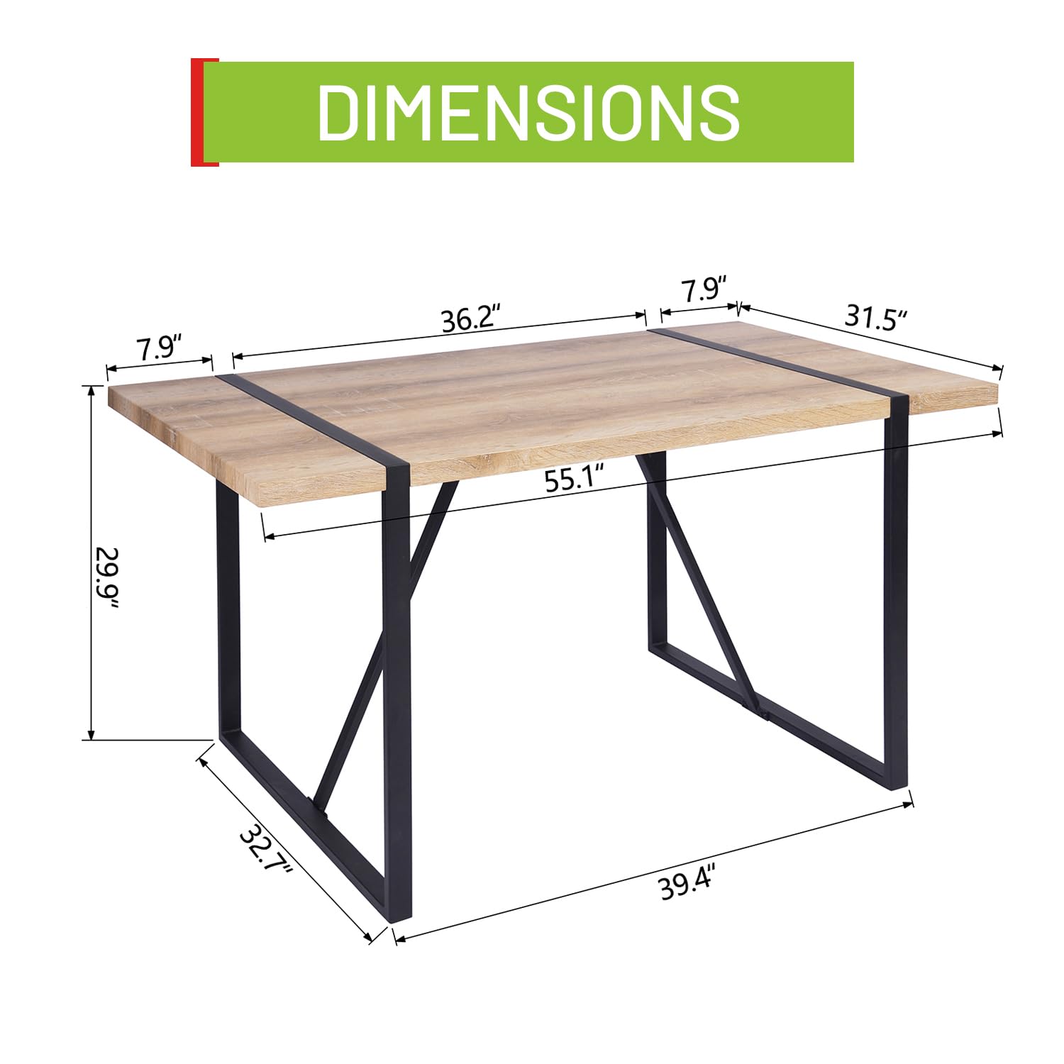 FurnitureR 55 Inch Rectangular Dining Table Large Home Office Desk with Heavy-Duty Wooden Tabletop and Metal Frame for Meals/Work/Gaming/Conference, Oak