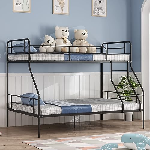 cuoote Twin Over Full Bunk Bed, Metal Twin Over Full Bunk Bed with Ladder and Guardrail, Space-Saving Design for Boys, Girls, No Box Spring Needed (Black, Twin Over Full)