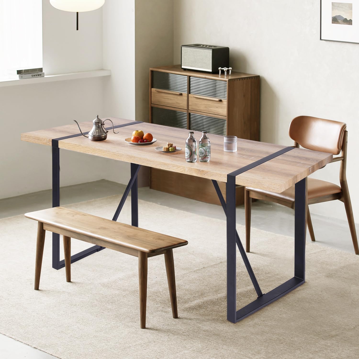 FurnitureR 55 Inch Rectangular Dining Table Large Home Office Desk with Heavy-Duty Wooden Tabletop and Metal Frame for Meals/Work/Gaming/Conference, Oak