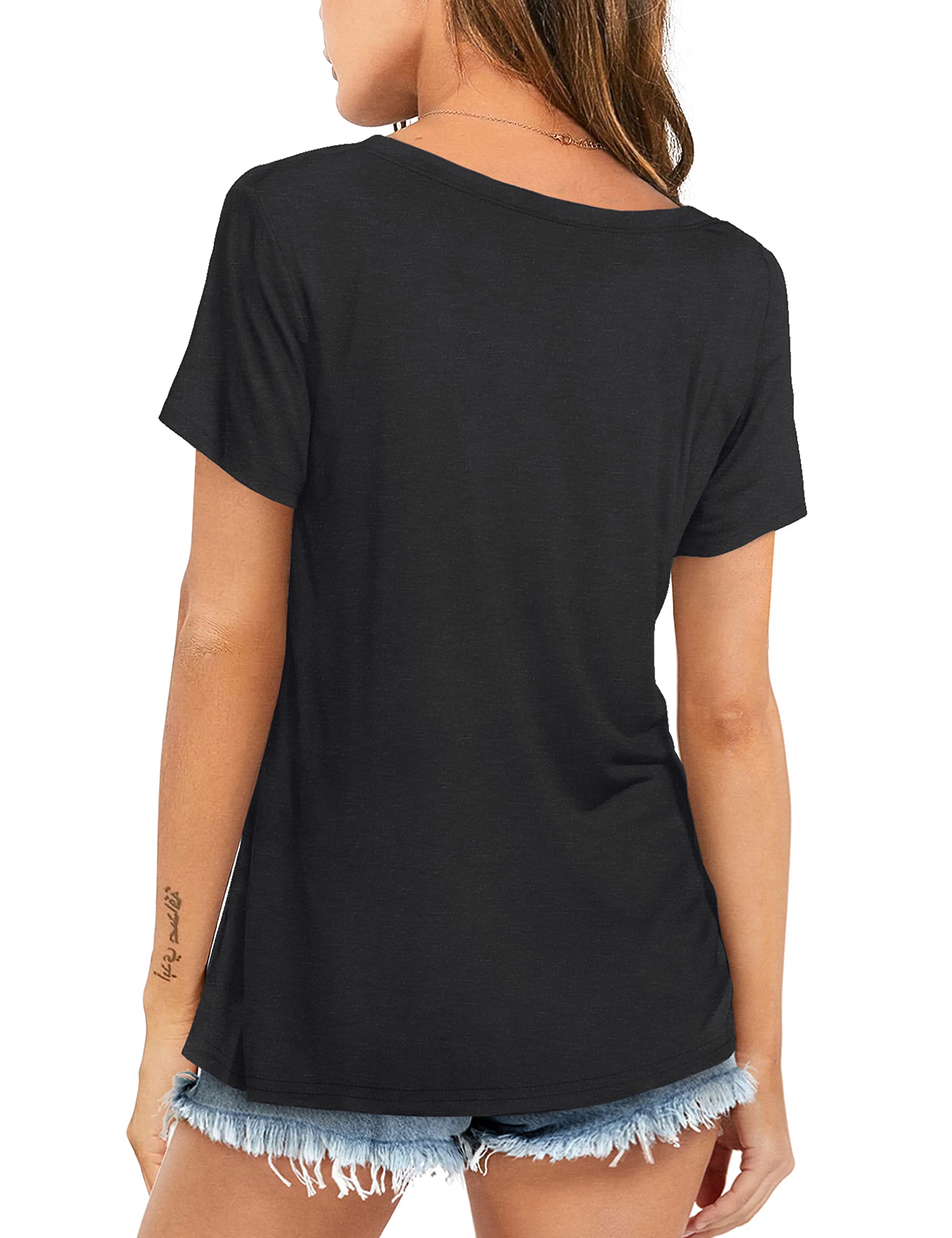 Amoretu Womens T Shirts Short Sleeve V Neck Casual Plain Summer Tops Black S