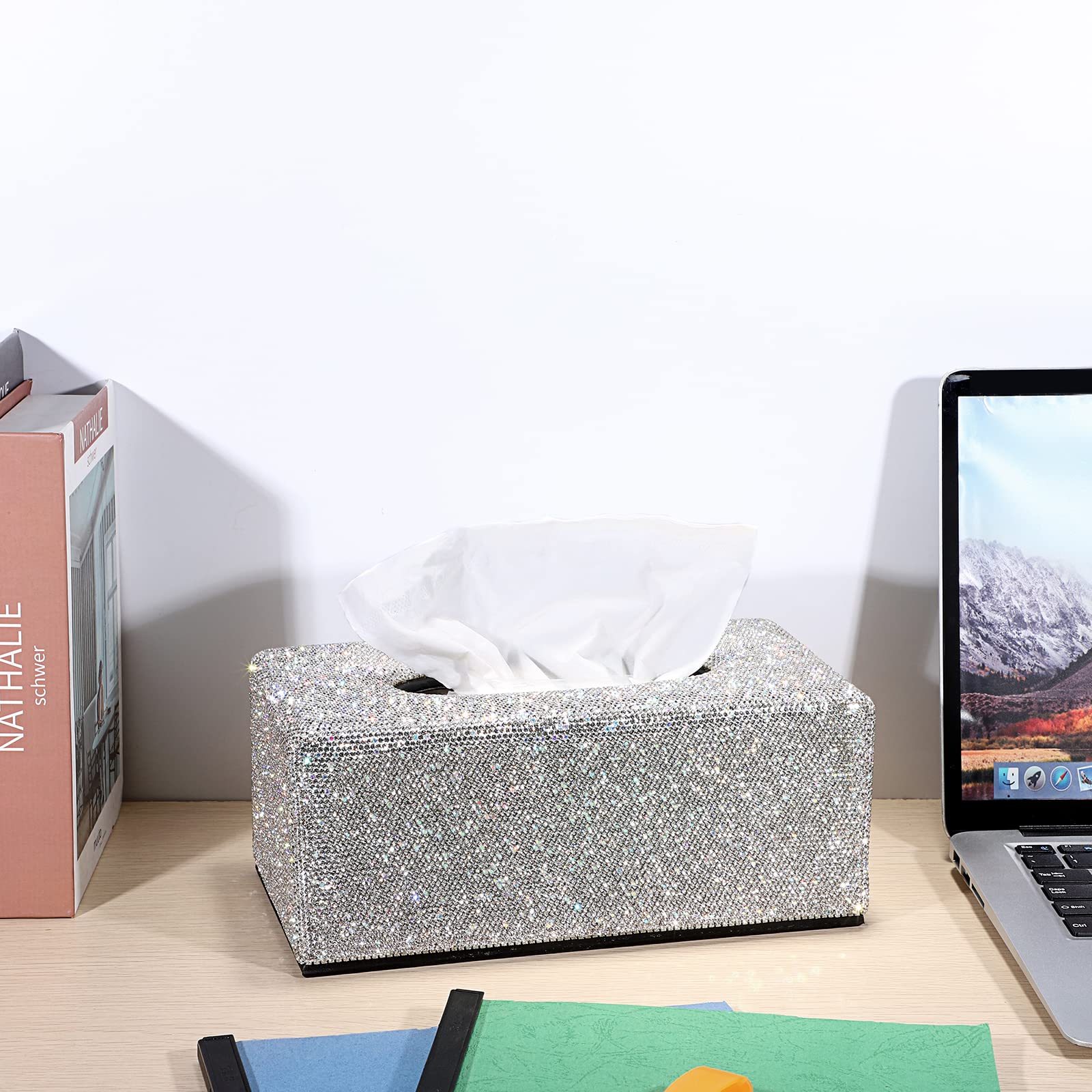 Sumnacon Tissue Box Cover Bling Tissue Box for Bathroom Sparkling Rectangular Tissue Box Holder with Magnetic Gorgeous Tissue Holder for Table Countertop Decorative Tissue Cover for Home Office Car