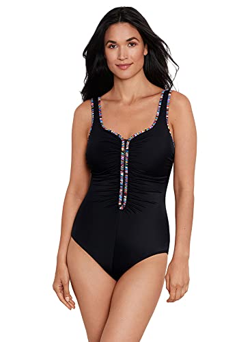 Penbrooke ShapeSolver Sport Women's Private Lines Shirred Zip Soft Cup One Piece Swimsuit, Multi, 16
