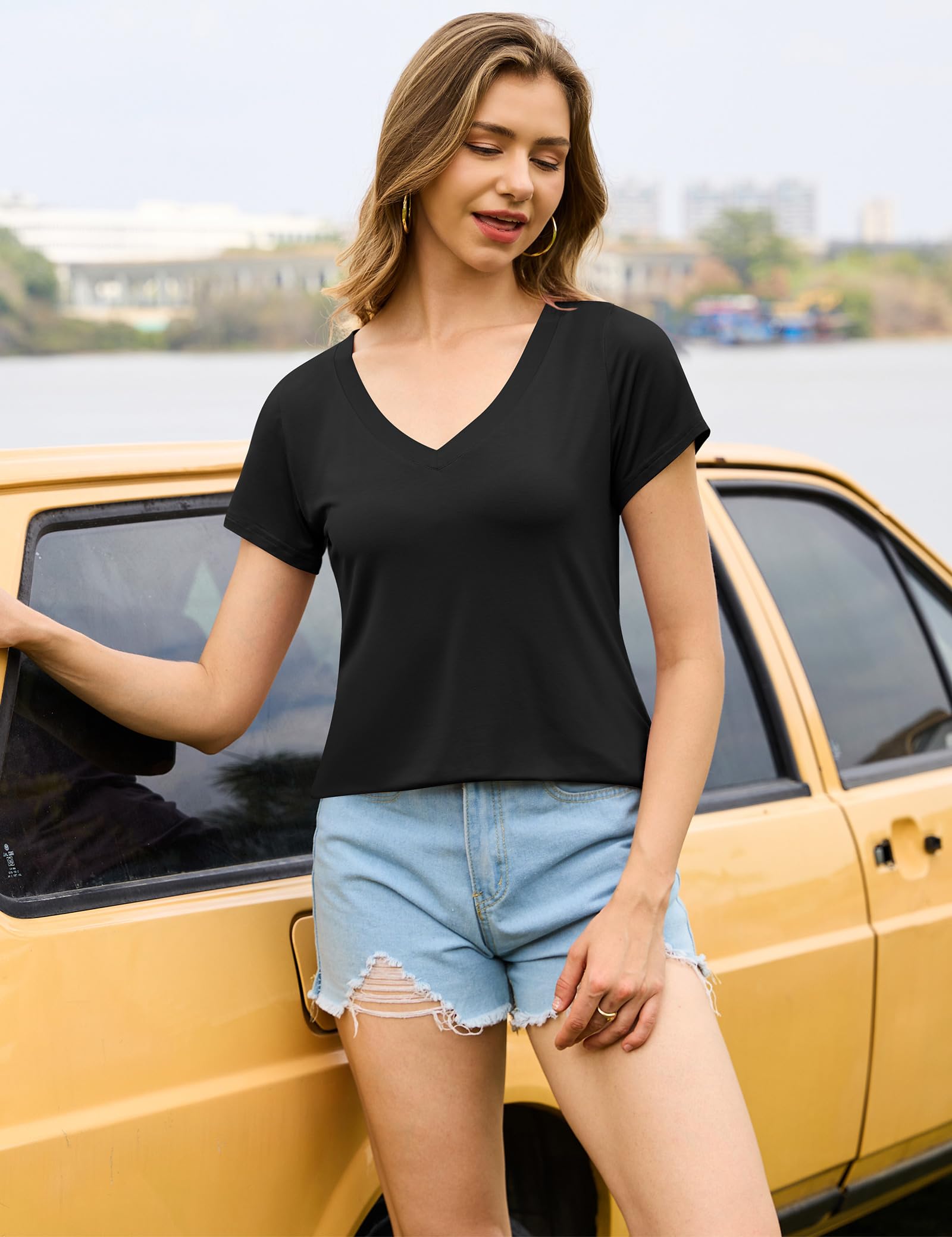 Amoretu Womens T Shirts Short Sleeve V Neck Casual Plain Summer Tops Black S