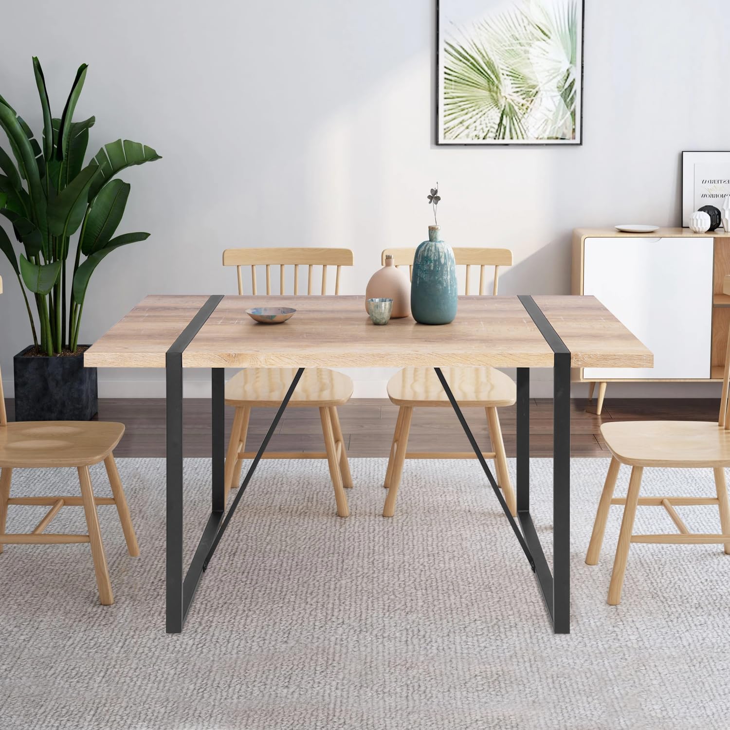 FurnitureR 55 Inch Rectangular Dining Table Large Home Office Desk with Heavy-Duty Wooden Tabletop and Metal Frame for Meals/Work/Gaming/Conference, Oak