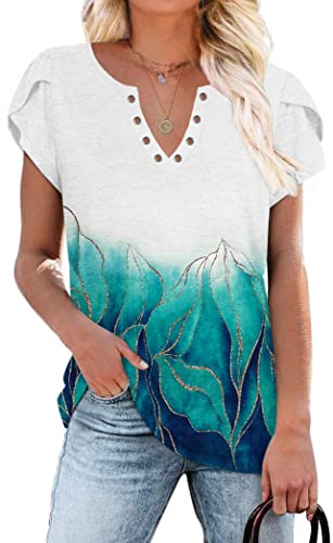 Womens Basic Casual T-Shirts Ring Hole V Neck Petal Short Sleeve Tops Loose Comfy Tunic Tops