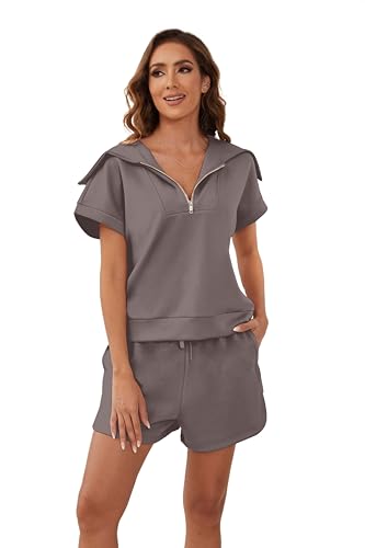 calbatic Women Casual Two Pieces Outfits Half Zip Lapel Collar Short Sleeve Sweatshirt High Waisted Shorts Tracksuit Sets