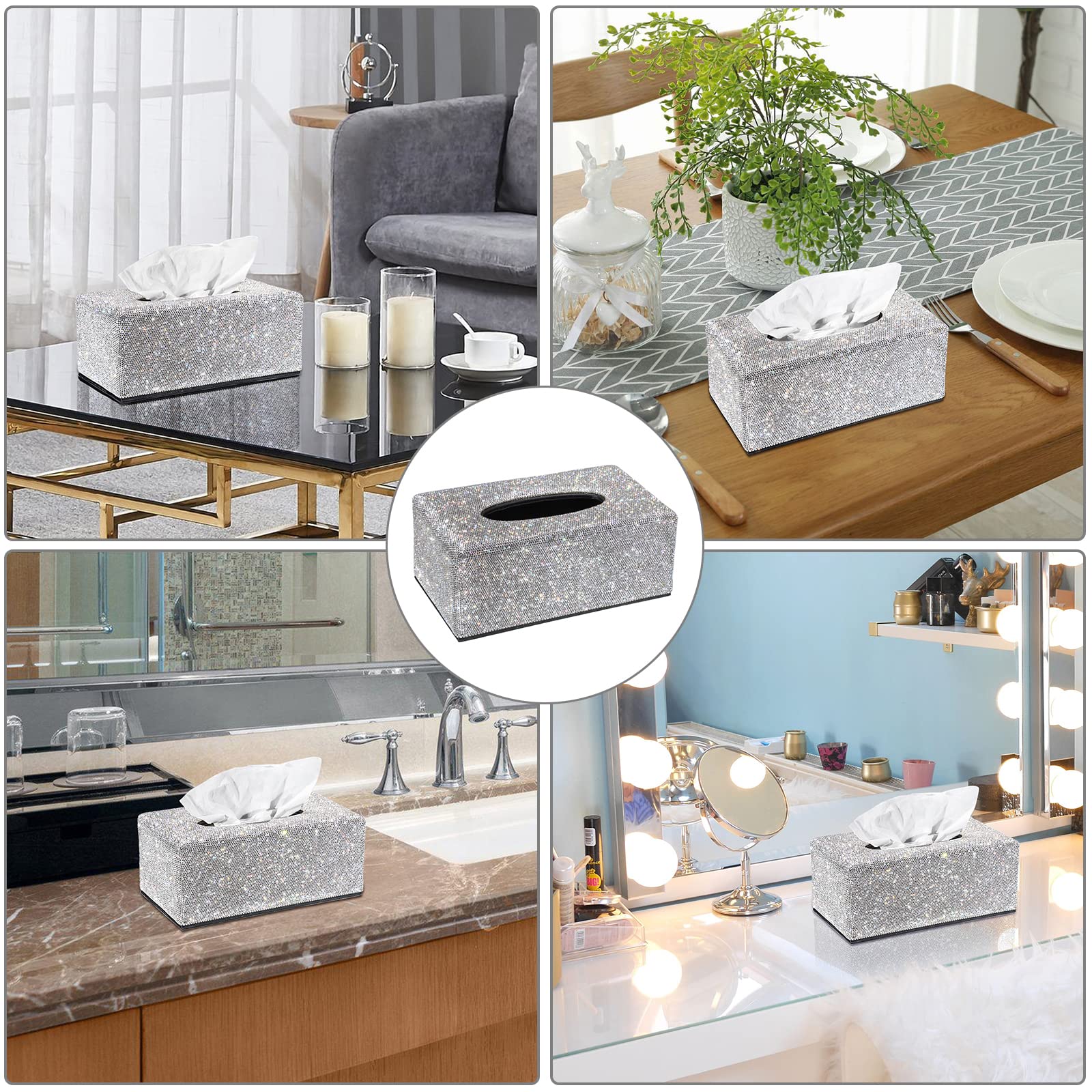 Sumnacon Tissue Box Cover Bling Tissue Box for Bathroom Sparkling Rectangular Tissue Box Holder with Magnetic Gorgeous Tissue Holder for Table Countertop Decorative Tissue Cover for Home Office Car