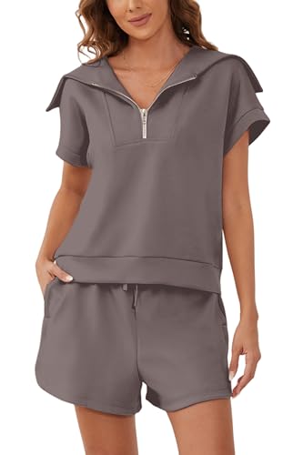 calbatic Women Casual Two Pieces Outfits Half Zip Lapel Collar Short Sleeve Sweatshirt High Waisted Shorts Tracksuit Sets